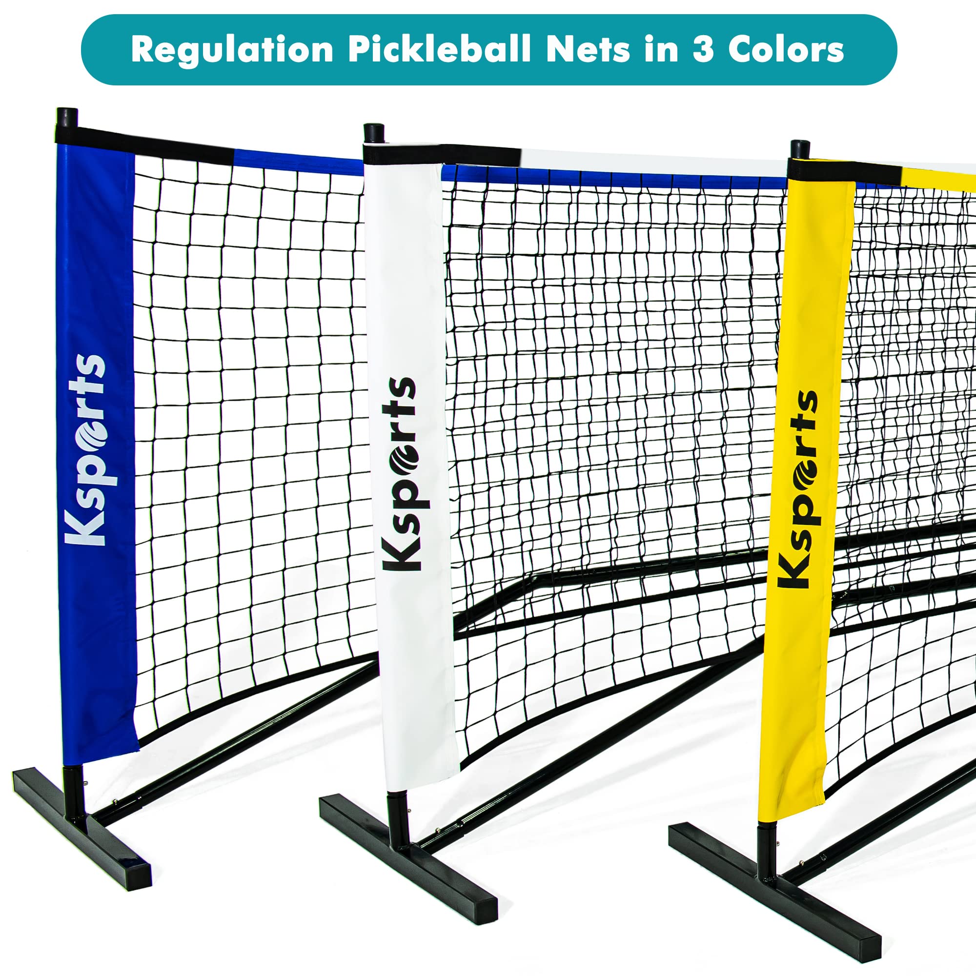 Ksports Regulation 22 feet Pickleball Net Bundle, can be Used as Recreation Tennis or Badminton Net Blue, Comprises of One Net, 4 LED Shuttlecocks, Carry Bag and 2 Pickleballs (Yellow)