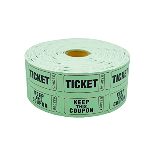 DNB 1000 Raffle Tickets - Double Roll 1000 Pairs per Roll 2 x 2 Inch 50/50 Consecutively Numbered Tickets for Entry/Events/Fundraiser/Prizes - Green
