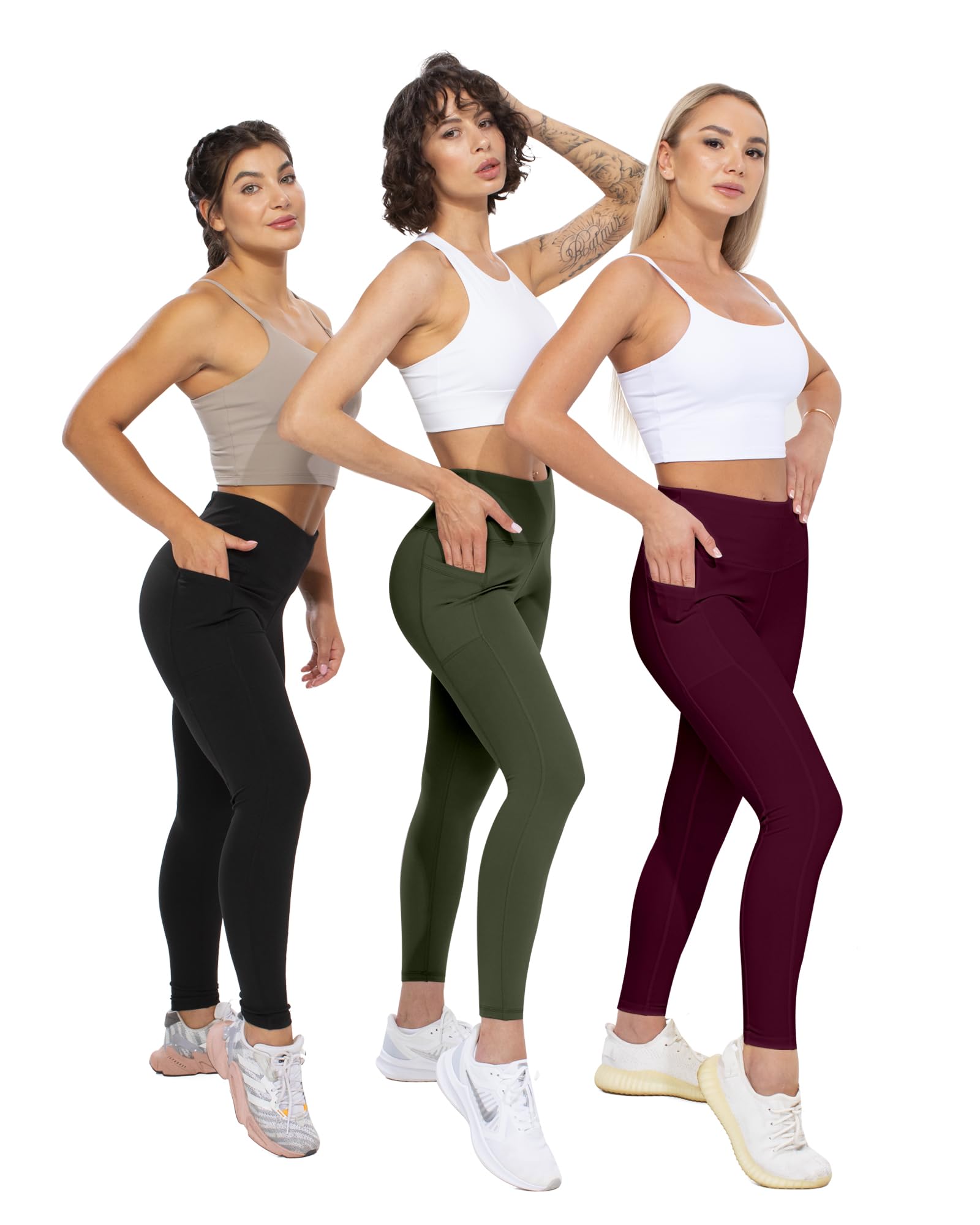 CHRLEISURE Leggings with Pockets for Women, High Waisted Tummy Control Workout Yoga Pants(5 Packs Black,Navy,Brown,Cassis,Green, M)