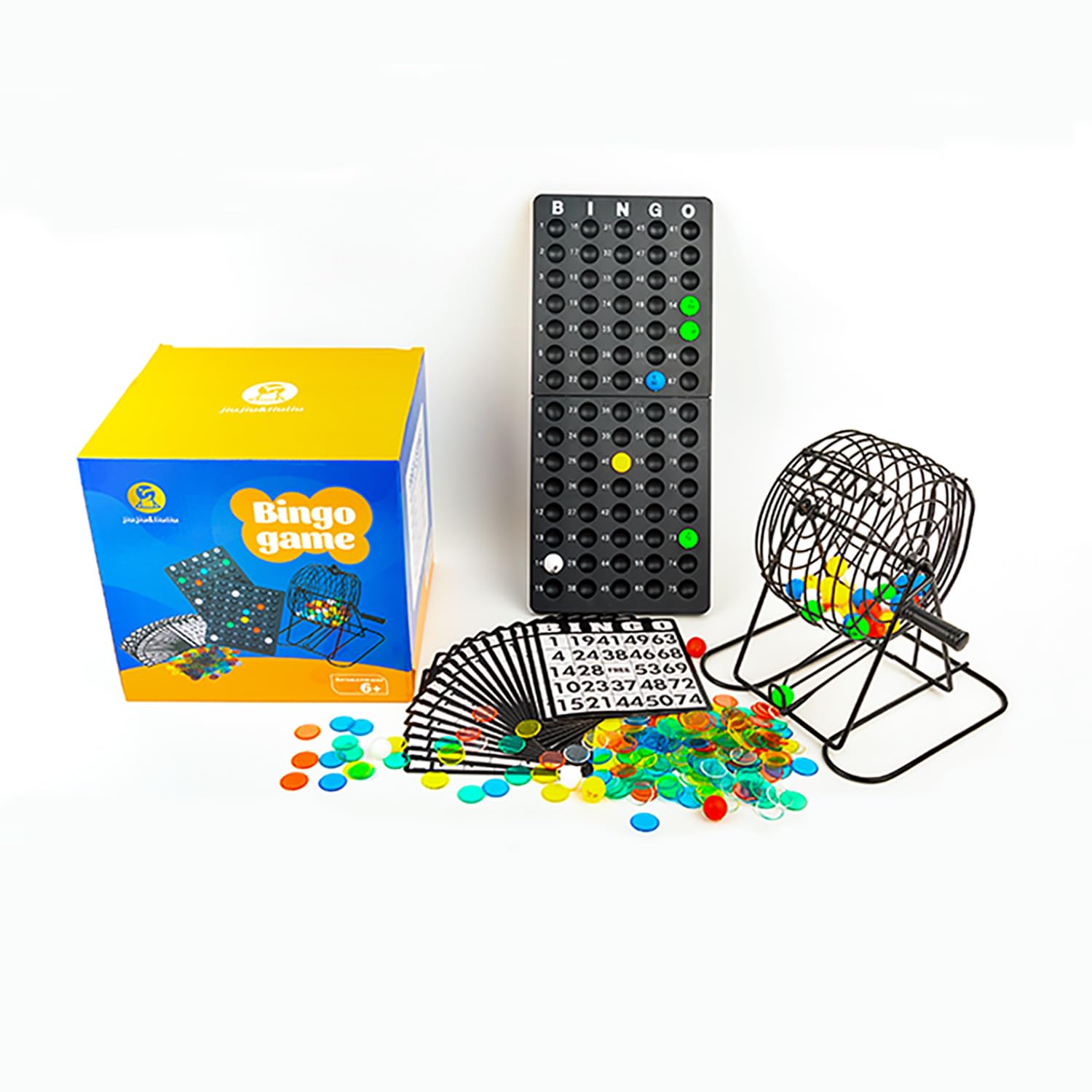 jiujiu&liuliu Deluxe Bingo Game Set - Metal Cage with Calling Board, 18 Bingo Cards,150 Colorful Bingo Chips,75 Colored Balls, Perfect for Family Events, Parties