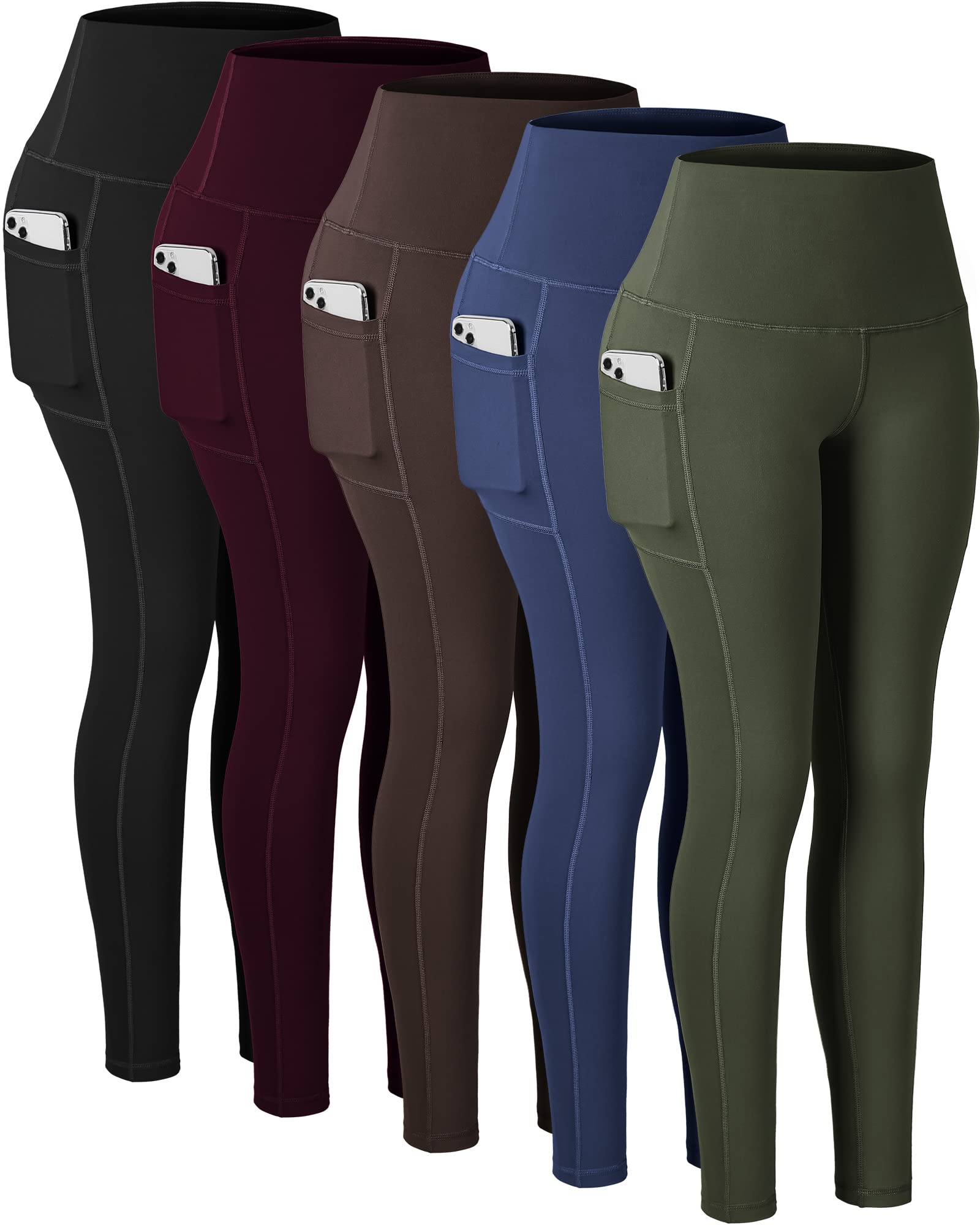 CHRLEISURE Leggings with Pockets for Women, High Waisted Tummy Control Workout Yoga Pants(5 Packs Black,Navy,Brown,Cassis,Green, M)