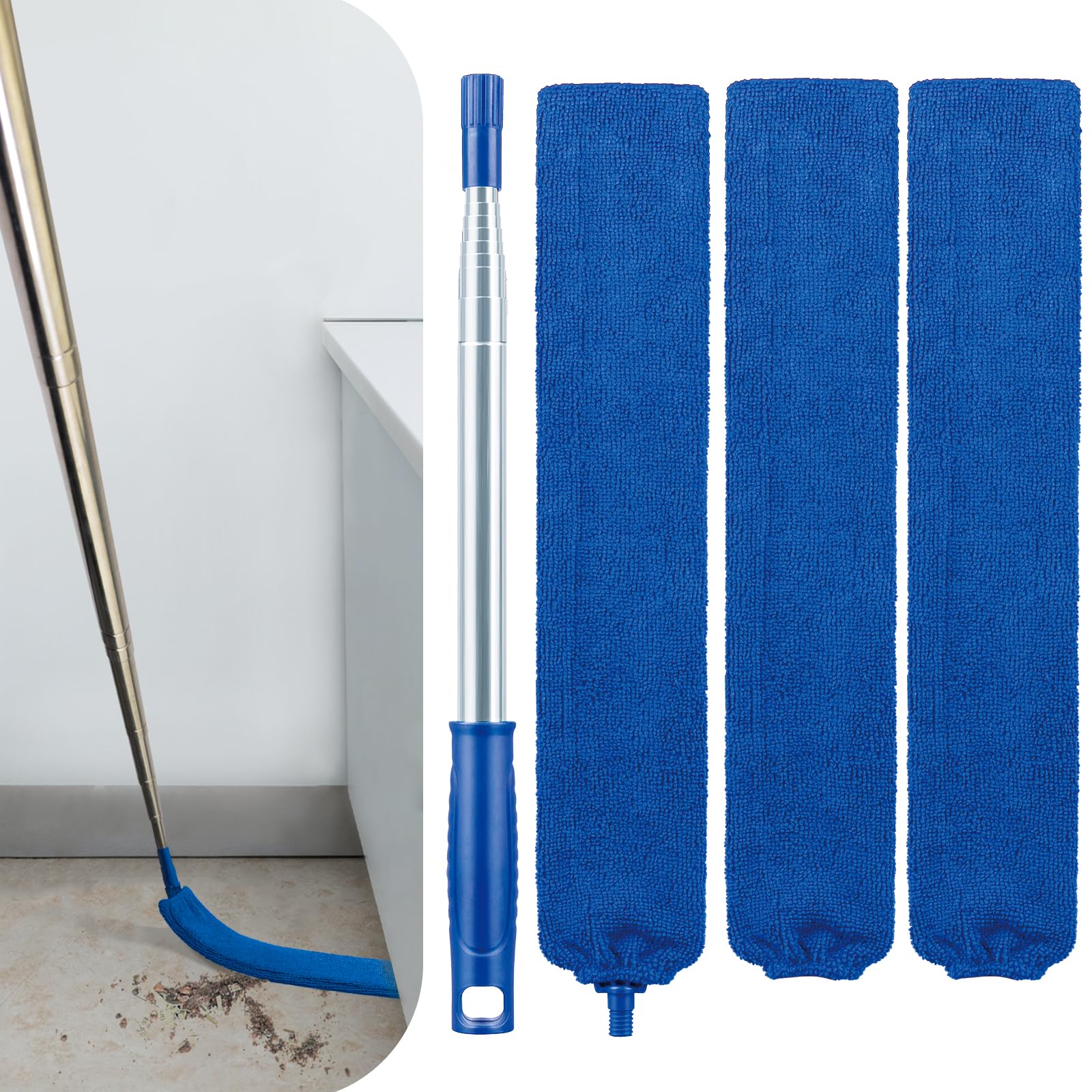 Retractable Gap Dust Cleaner with Extension Pole, Cleaning Tools with 3 Microfiber Dusting Cloths, Extendable Long Handle Duster for Cleaning Under Refrigerator Sofa Couch Bed Furniture Appliance Blue