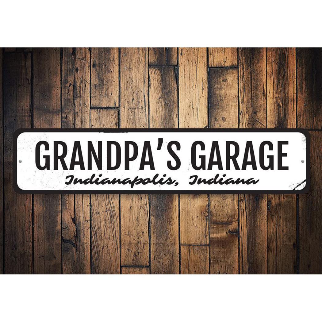 Grandpa's Garage Sign, Garage Location City State Sign, Custom Mechanic Man Cave Aluminum Décor - 6 x 24