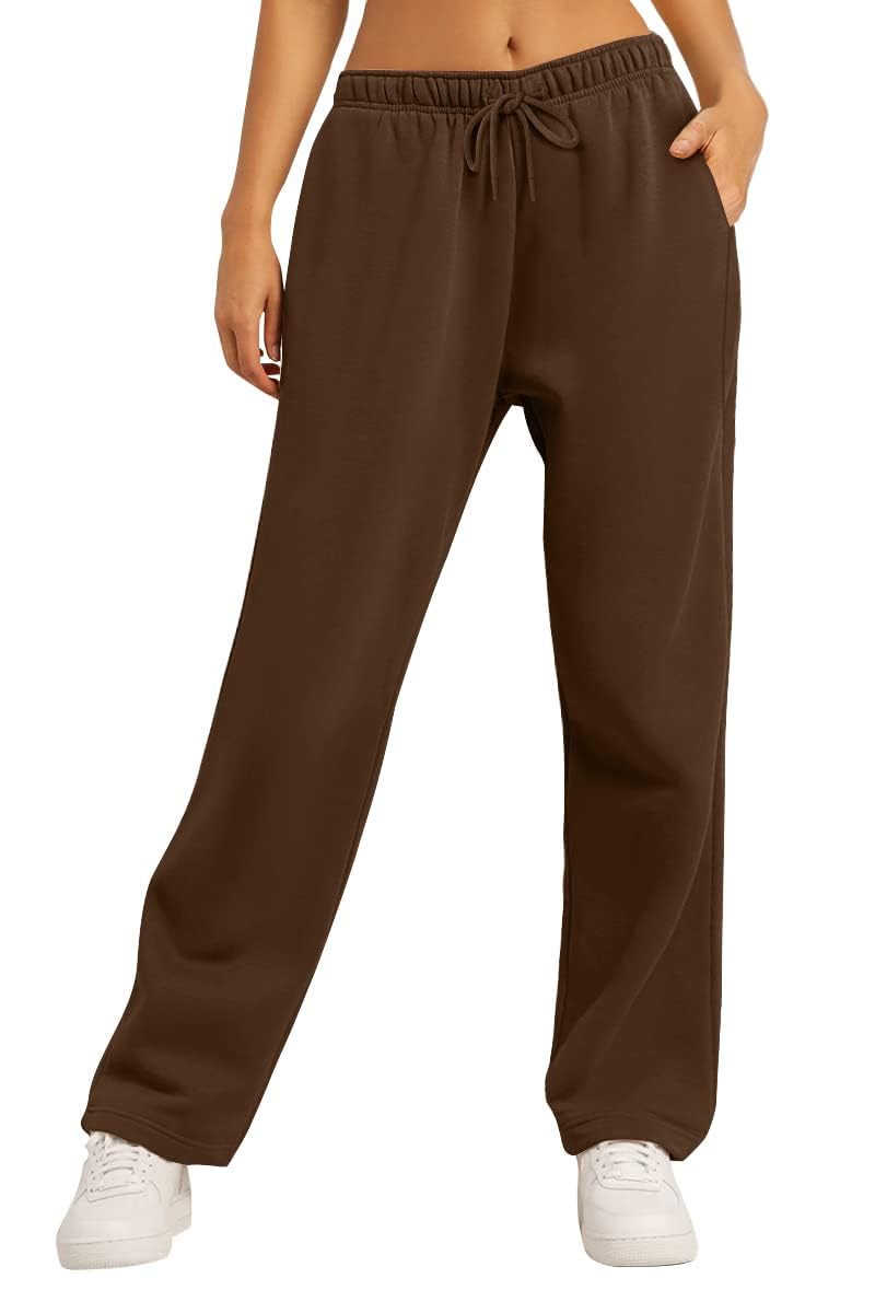 AUTOMET Women's Wide Leg Sweatpants Fleece Lined Baggy Straight Leg Lounge Pants Fall Outfits Athletic Joggers with Pockets Brown L