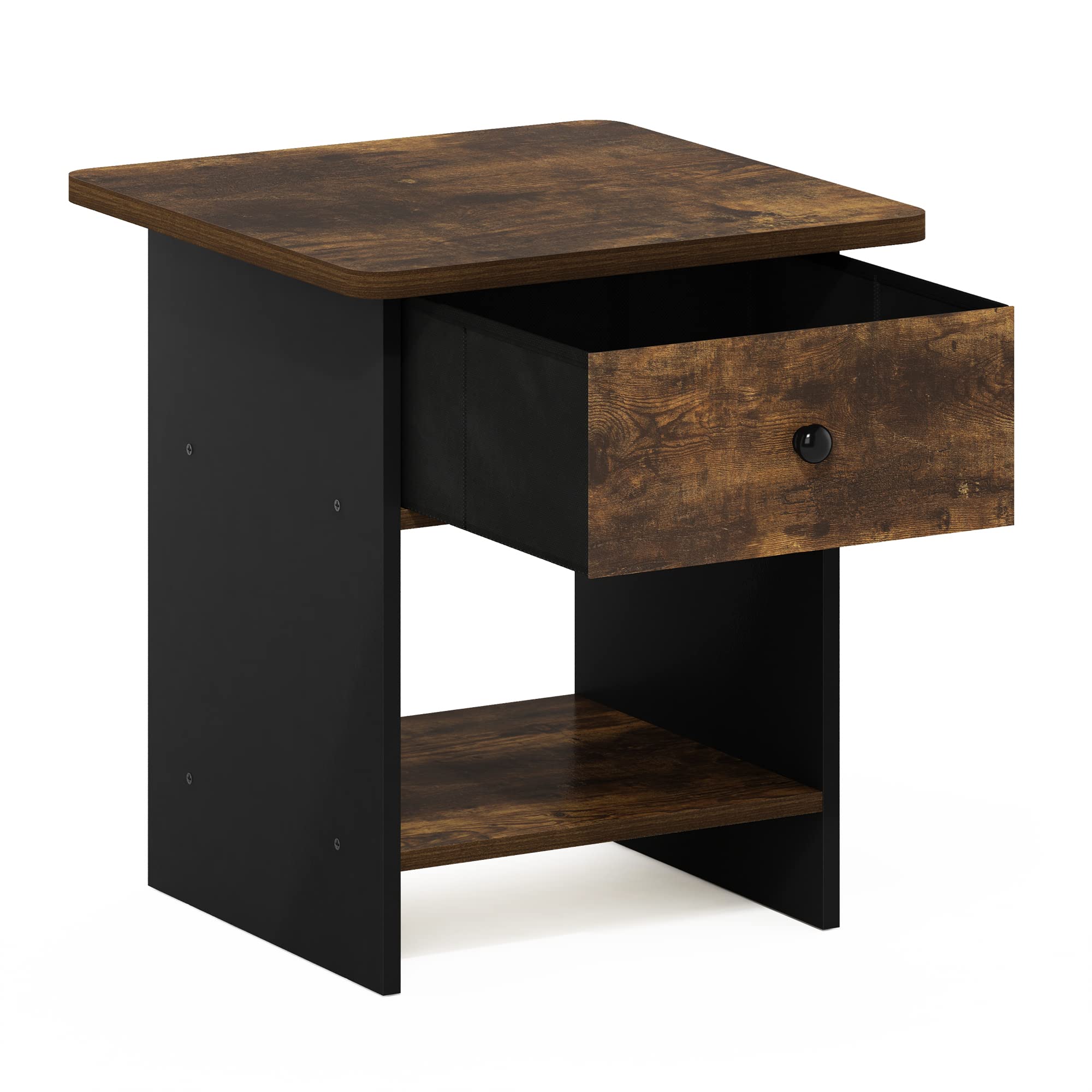 Furinno Dario End Table/ Night Stand Storage Shelf with Bin Drawer, Amber Pine/Black, 1-Pack, Upper Bin