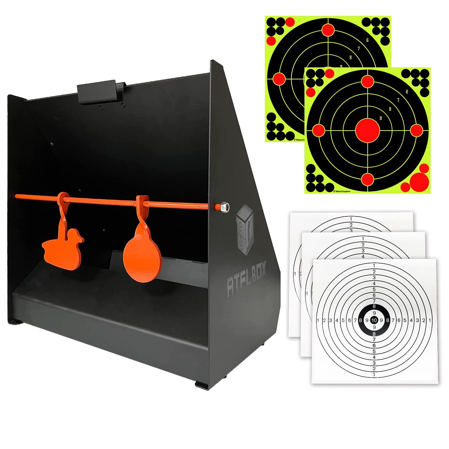 Atflbox Pellet Trap Target with 12''x12'' Splatter Bullseye Paper Targets and Spinning Shooting Targets for .177 Caliber, Shooting Targets for Air Gun Airsoft BB Gun Rifle (Airgun)