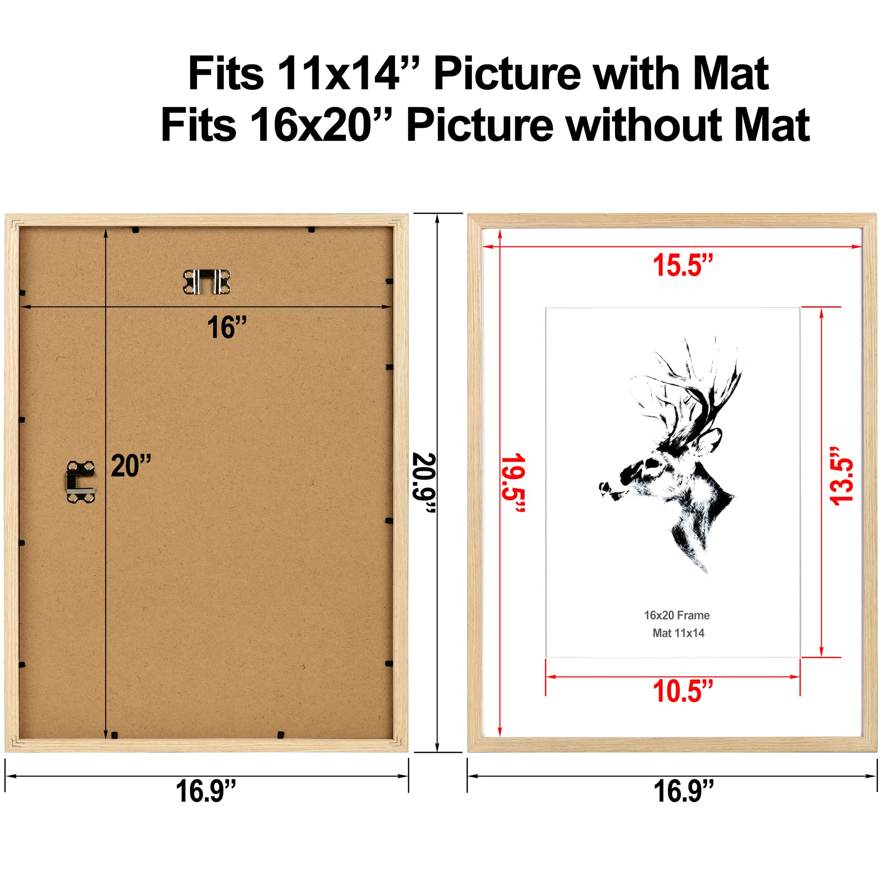 Yaetm 16x20 Picture Frame Matted to 11x14 Set of 2, Natural Solid Oak Wood Frame 16x20 for Photos, Posters & Art Prints, Horizontal and Vertical Wall Mount (2 pack, Oak)