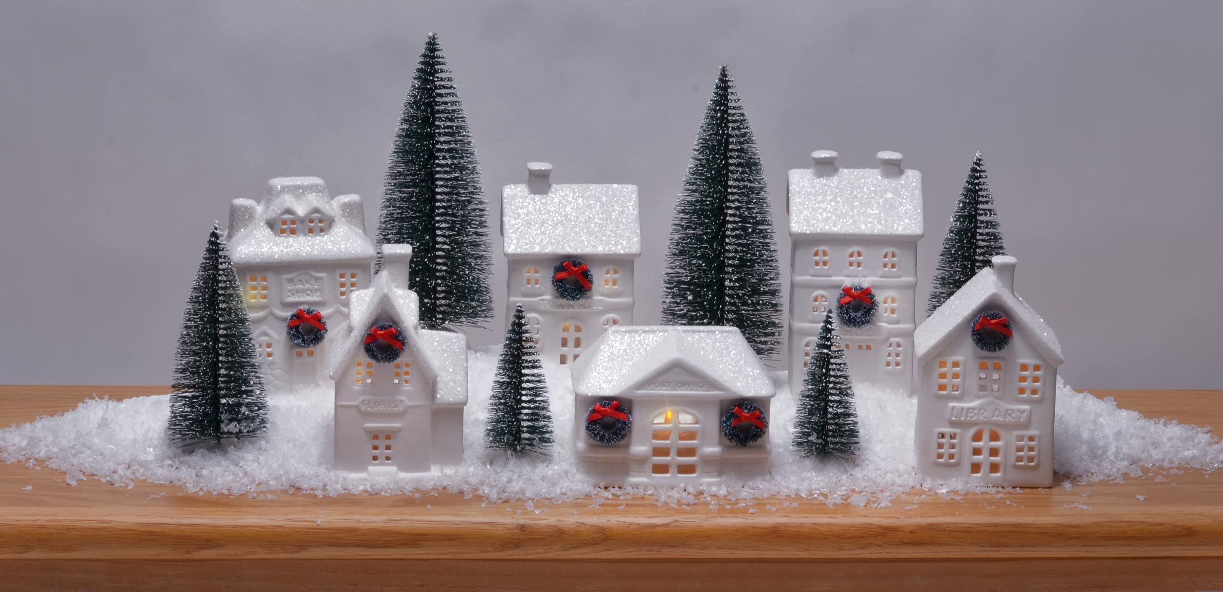 Mark Feldstein & Associates Holiday Wreath Village with Trees, White Unglazed Porcelain LED Christmas Figurines, 18 Piece Set