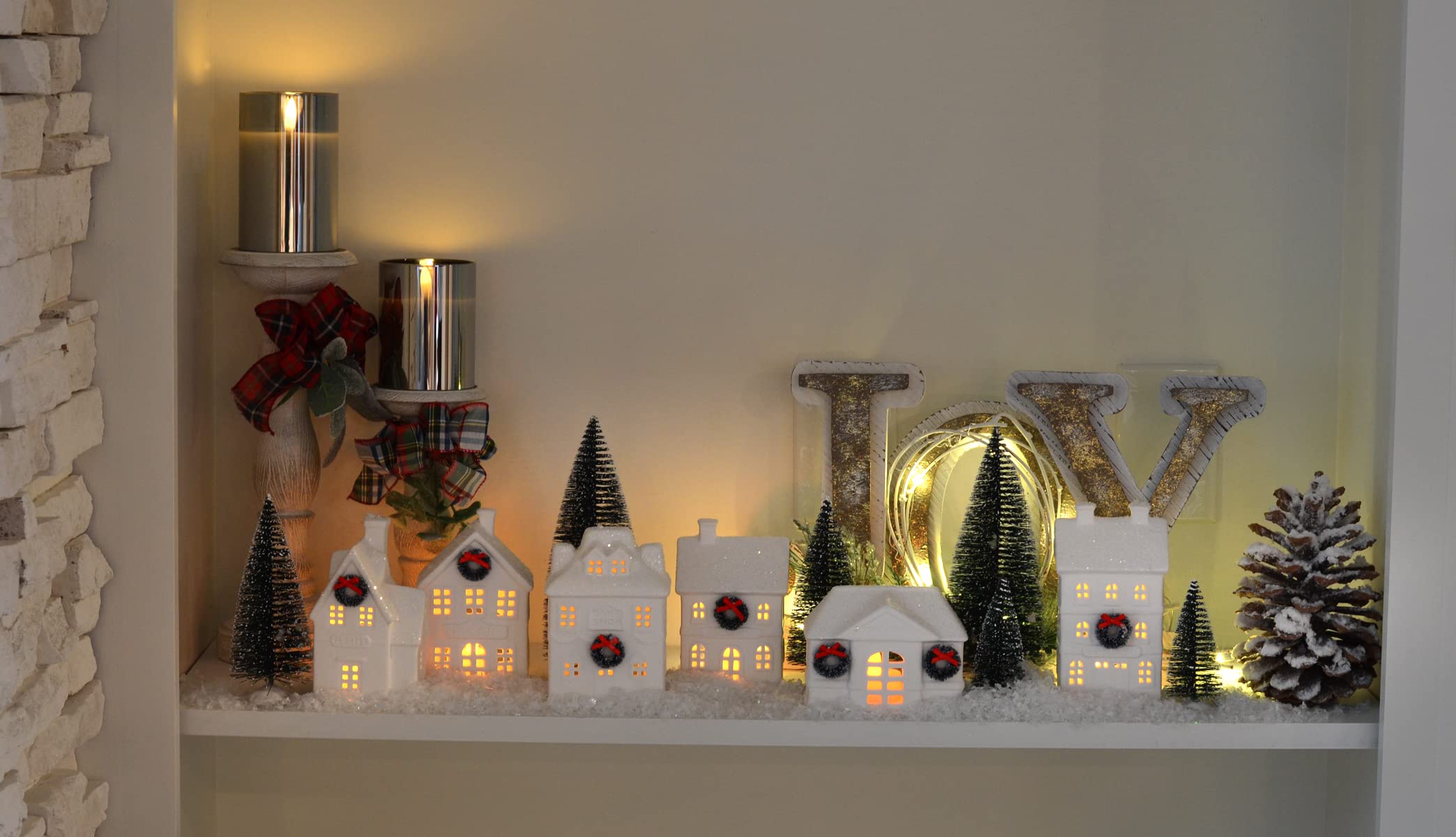Mark Feldstein & Associates Holiday Wreath Village with Trees, White Unglazed Porcelain LED Christmas Figurines, 18 Piece Set