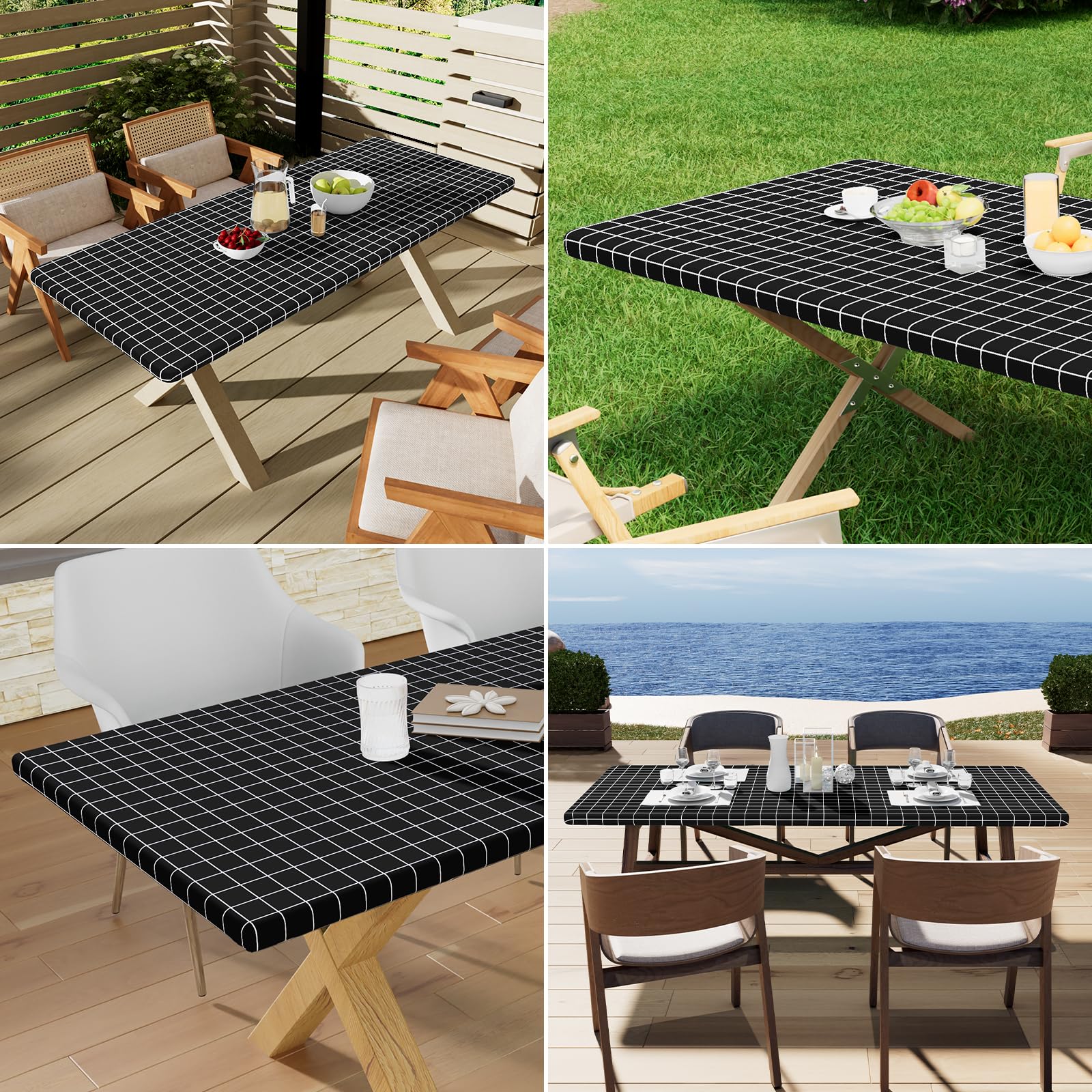 Spotjoy Rectangle Vinyl Table Cloth, Elastic Fitted Flannel Backed Plastic Table Covers for 6 Foot Folding Tables, Waterproof for Picnic, Camping, Indoor and Outdoor (Black, 30 x 72 inch)