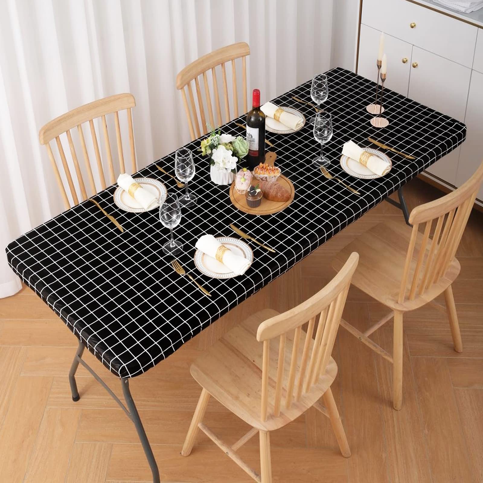 Spotjoy Rectangle Vinyl Table Cloth, Elastic Fitted Flannel Backed Plastic Table Covers for 6 Foot Folding Tables, Waterproof for Picnic, Camping, Indoor and Outdoor (Black, 30 x 72 inch)