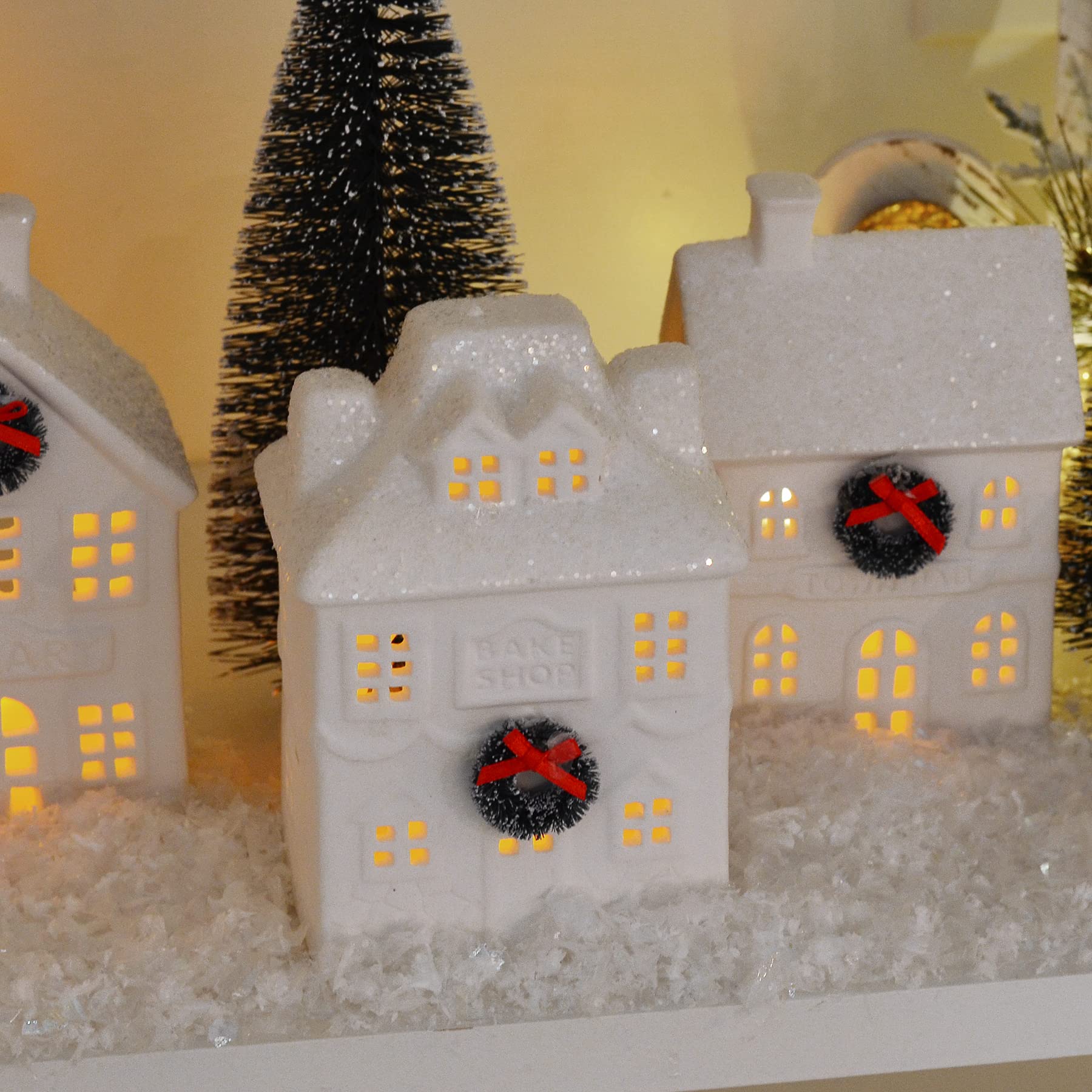 Mark Feldstein & Associates Holiday Wreath Village with Trees, White Unglazed Porcelain LED Christmas Figurines, 18 Piece Set