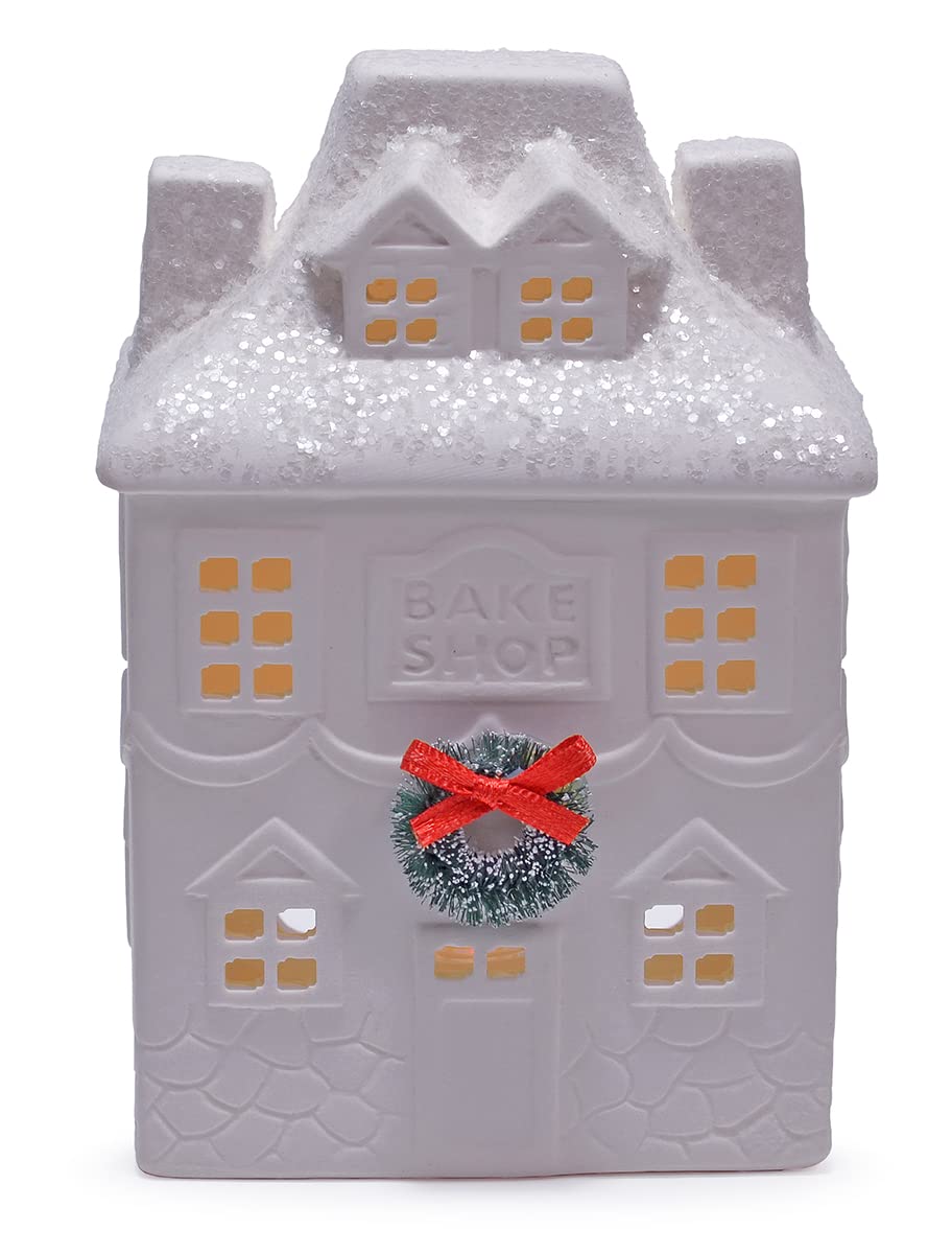 Mark Feldstein & Associates Holiday Wreath Village with Trees, White Unglazed Porcelain LED Christmas Figurines, 18 Piece Set