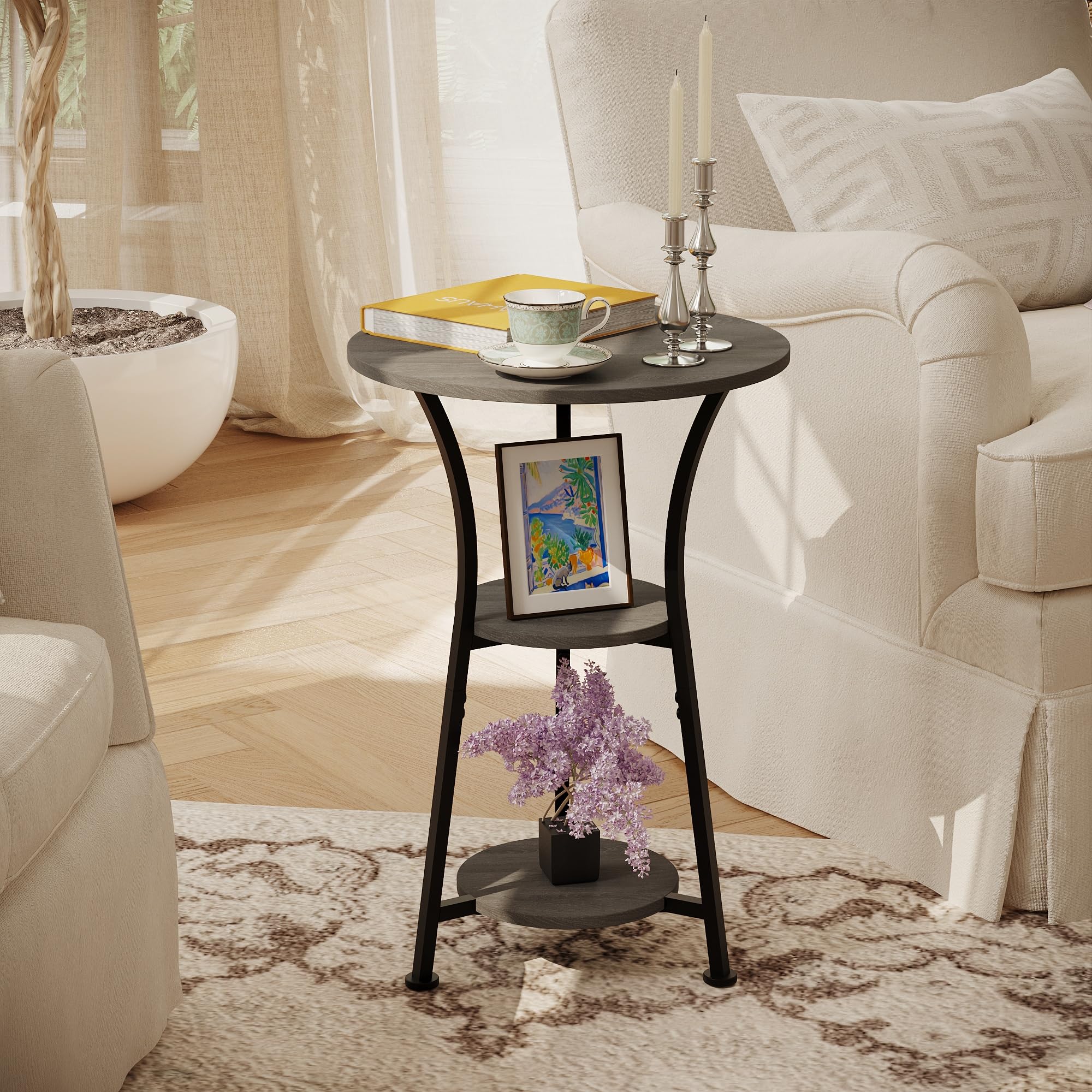 Dulcii Small Round End Table for Narrow and Small Space, 3-Tier Round Accent Couch Beside Table, Modern Side Table Corner Sofa Table Nightstand for Living Room Bedroom,Grey
