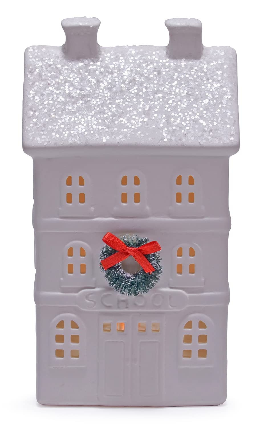 Mark Feldstein & Associates Holiday Wreath Village with Trees, White Unglazed Porcelain LED Christmas Figurines, 18 Piece Set