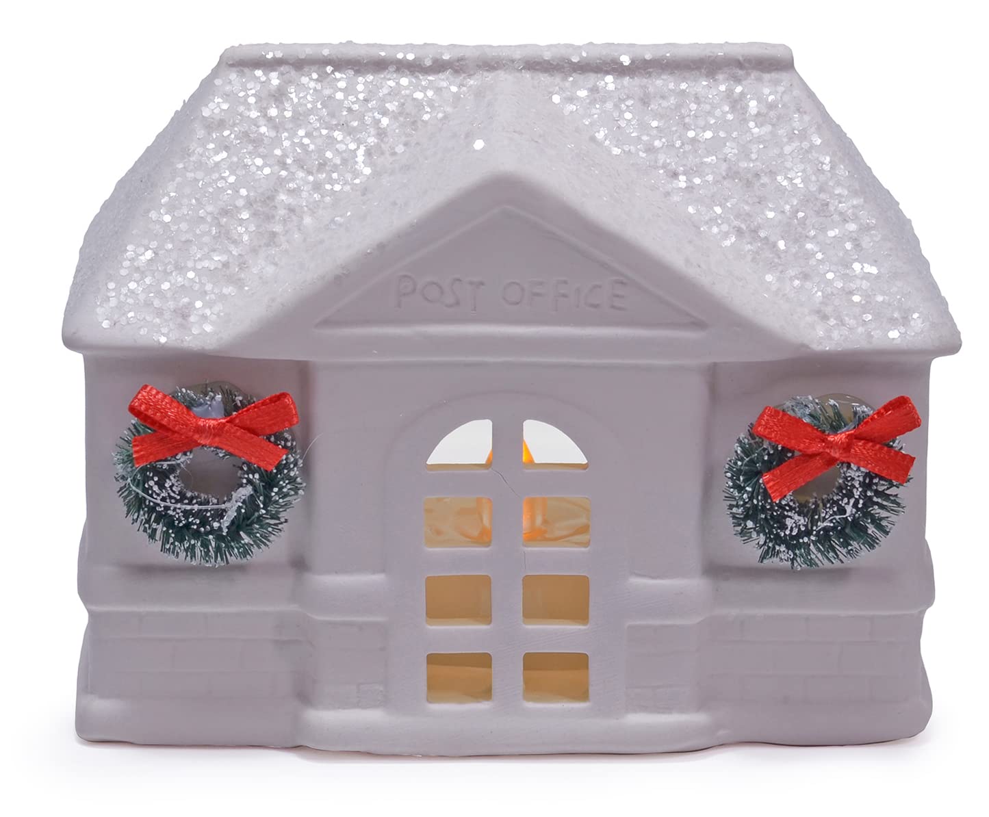 Mark Feldstein & Associates Holiday Wreath Village with Trees, White Unglazed Porcelain LED Christmas Figurines, 18 Piece Set
