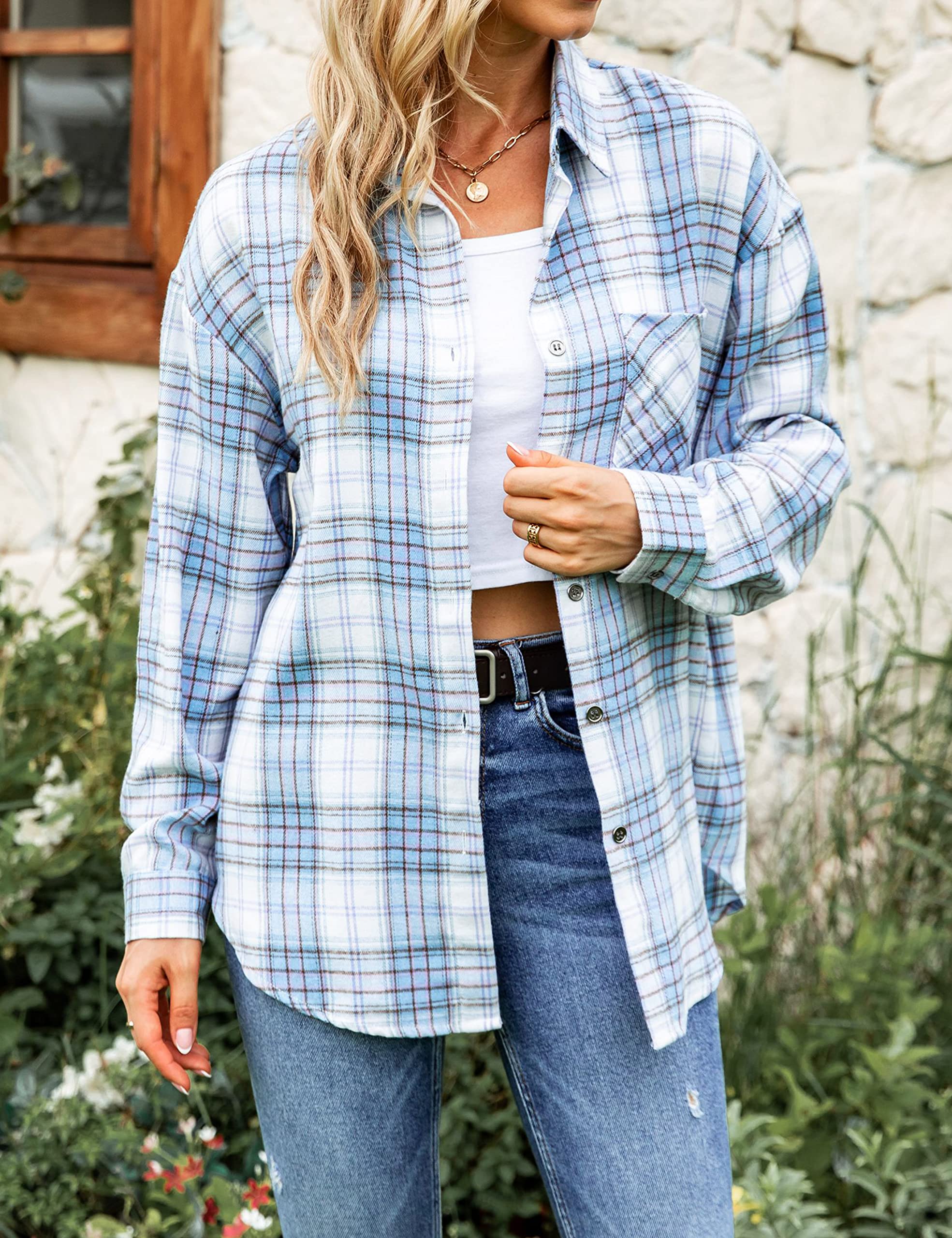 Megfie Oversized Womens Flannel Plaid Soft Flannel Button Down Shirt Roll Up Long Sleeve Flannel Plaid Shirt Blouses Women(0070-SkyBlue-L)