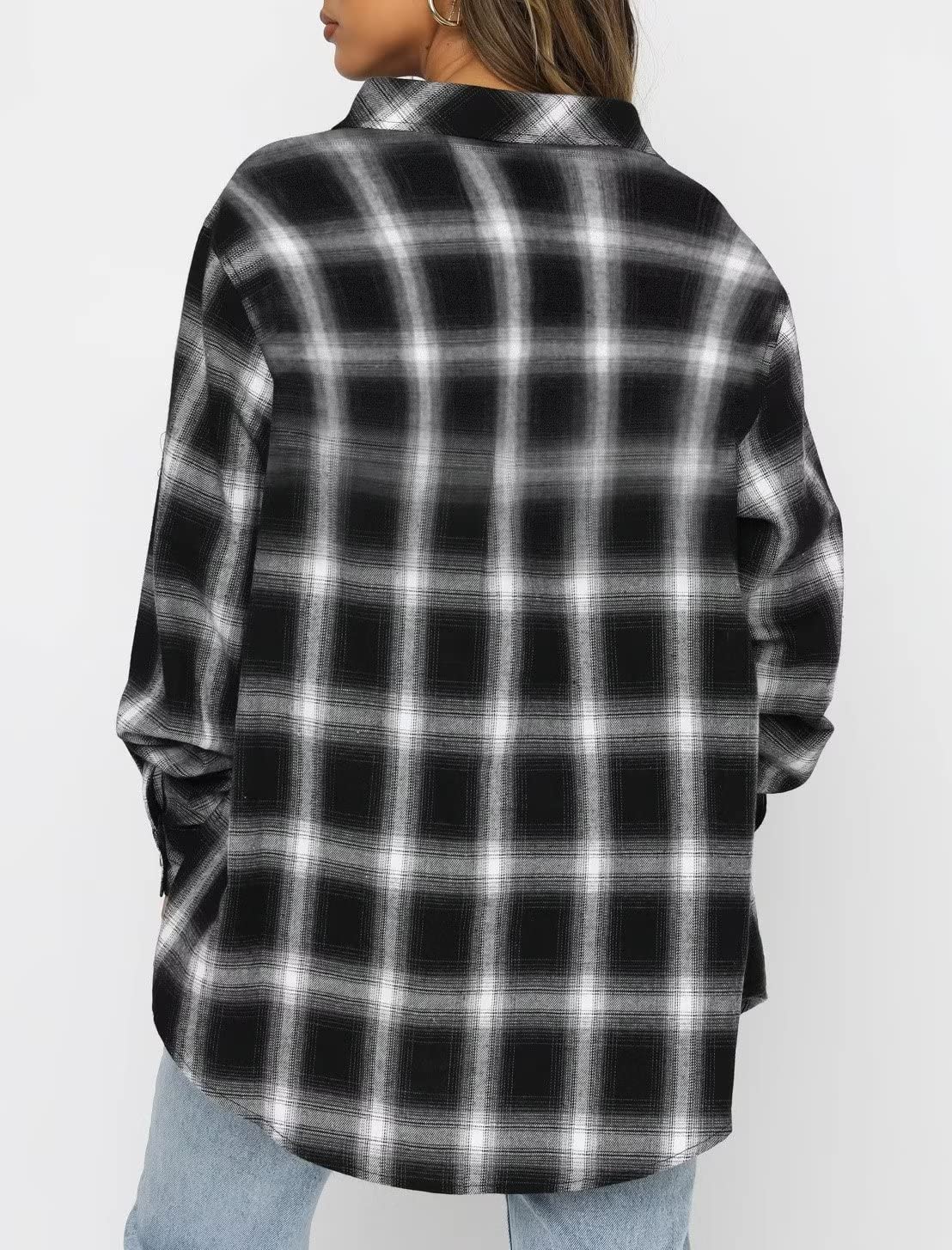 Lacozy Oversized Flannel Long Sleeve Shirts for Women Plaid Shirt Plus Size Casual Button Down Blouse Top Black S