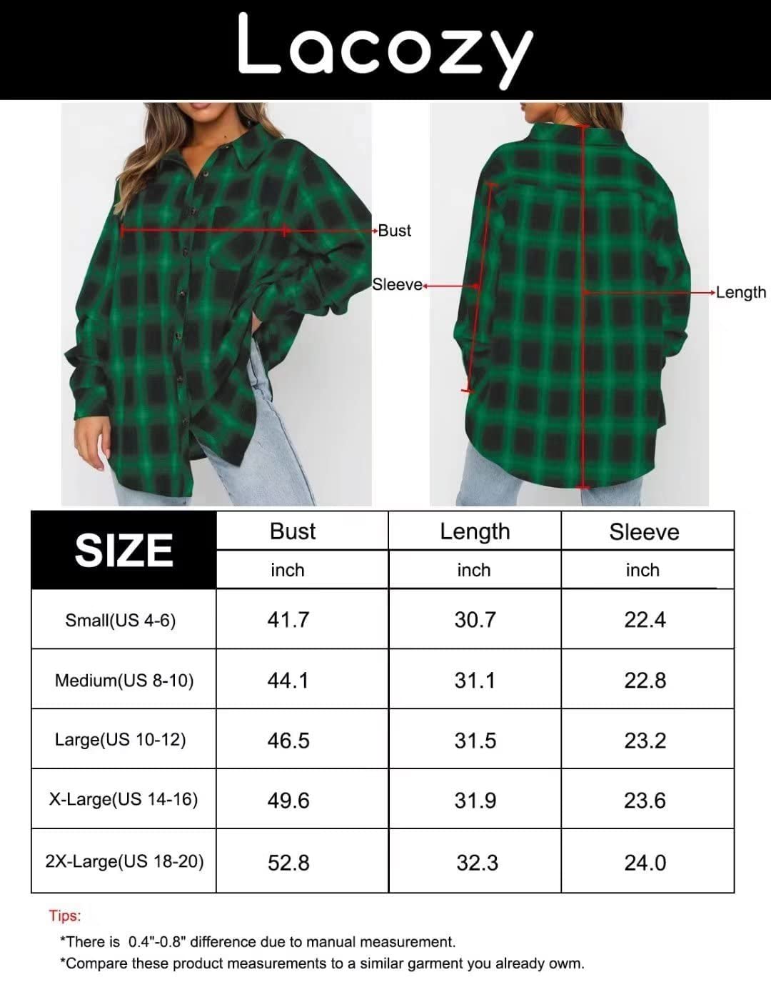 Lacozy Oversized Flannel Long Sleeve Shirts for Women Plaid Shirt Plus Size Casual Button Down Blouse Top Black S