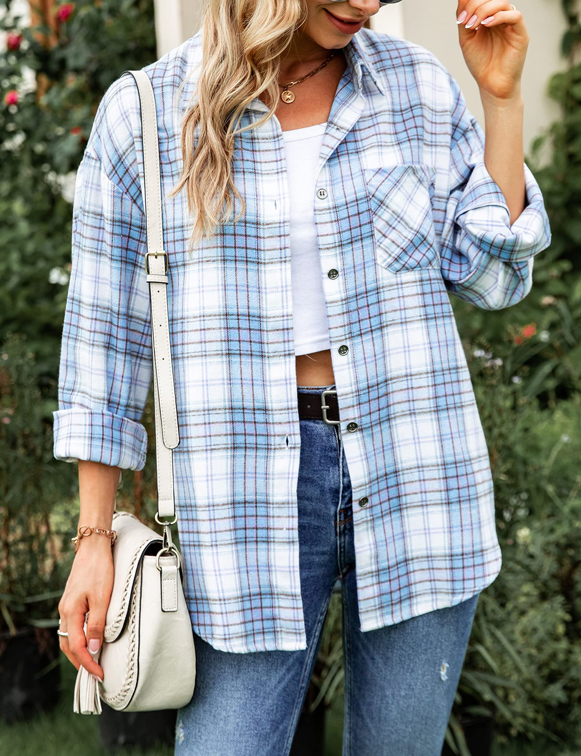 Megfie Oversized Womens Flannel Plaid Soft Flannel Button Down Shirt Roll Up Long Sleeve Flannel Plaid Shirt Blouses Women(0070-SkyBlue-L)