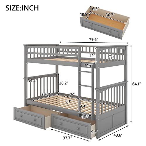 RUNWON Twin Over Twin Wood Bunk Bed with Storage Drawers and Full Length Safety Guard Rails for Kids Adults, Can Be Converted into 2 Beds