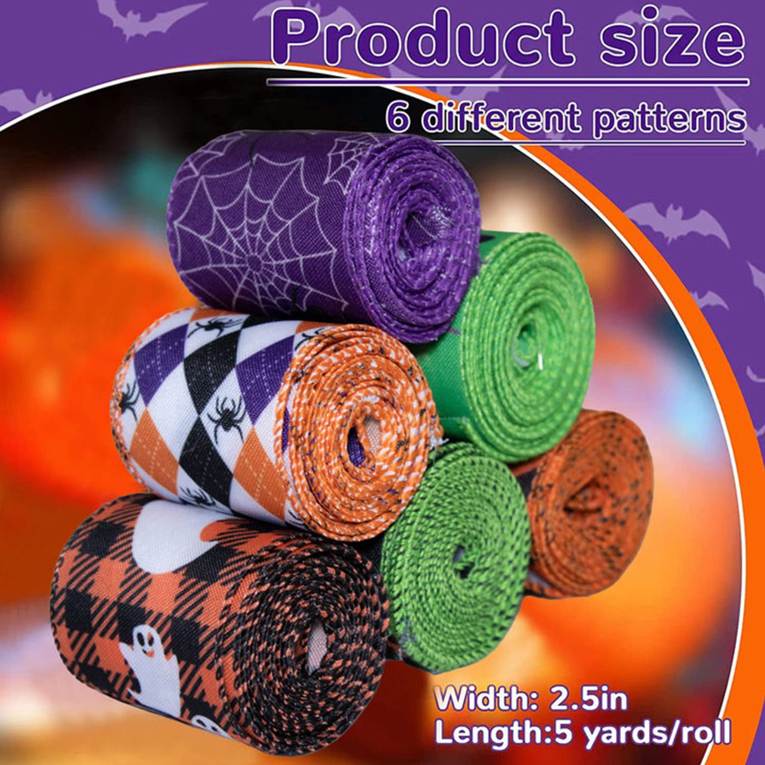 wency Ribbon Wired 2.5 Inch, 6 Rolls 30 Yards wency Ribbon,Pumpkin/Ghost/Spider Web/Stripe/Hat/Plaid wency Ribbon for Wreaths Bows Gift Wrapping Party Decor DIY Fall Rustic Crafts