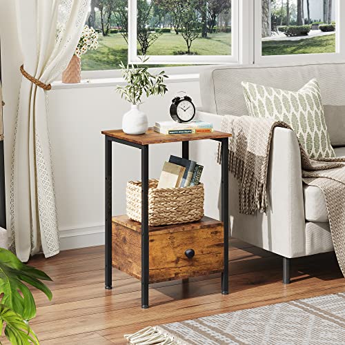 WLIVE Nightstands Set of 2, Bedside Tables with Adjustable Wooden Drawer, 2-Tier Night Stands for Couch, Bed, Sofa, End Table Side Table for Bedroom, Living Room, Rustic Brown