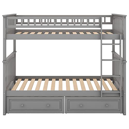 RUNWON Twin Over Twin Wood Bunk Bed with Storage Drawers and Full Length Safety Guard Rails for Kids Adults, Can Be Converted into 2 Beds