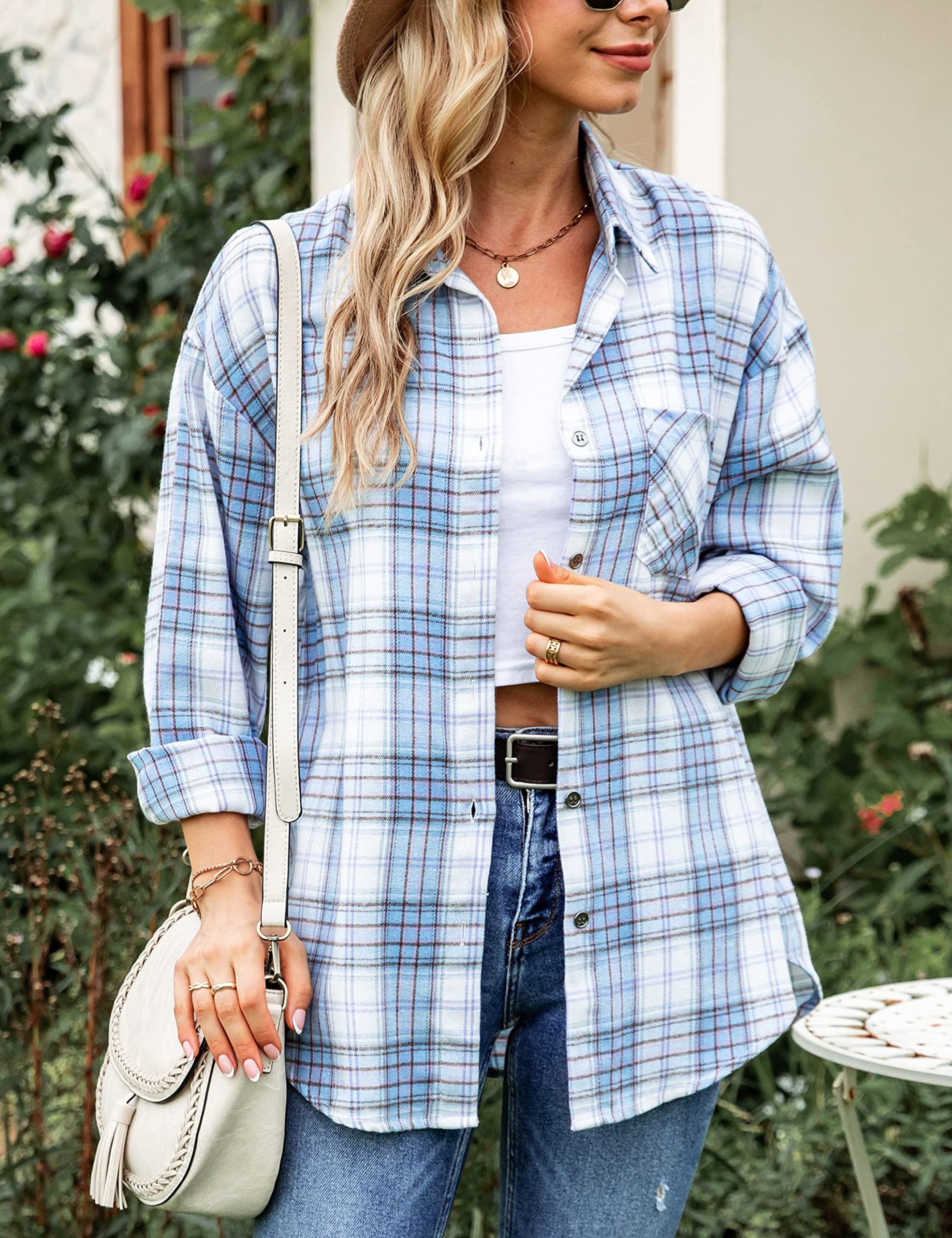 Megfie Oversized Womens Flannel Plaid Soft Flannel Button Down Shirt Roll Up Long Sleeve Flannel Plaid Shirt Blouses Women(0070-SkyBlue-L)