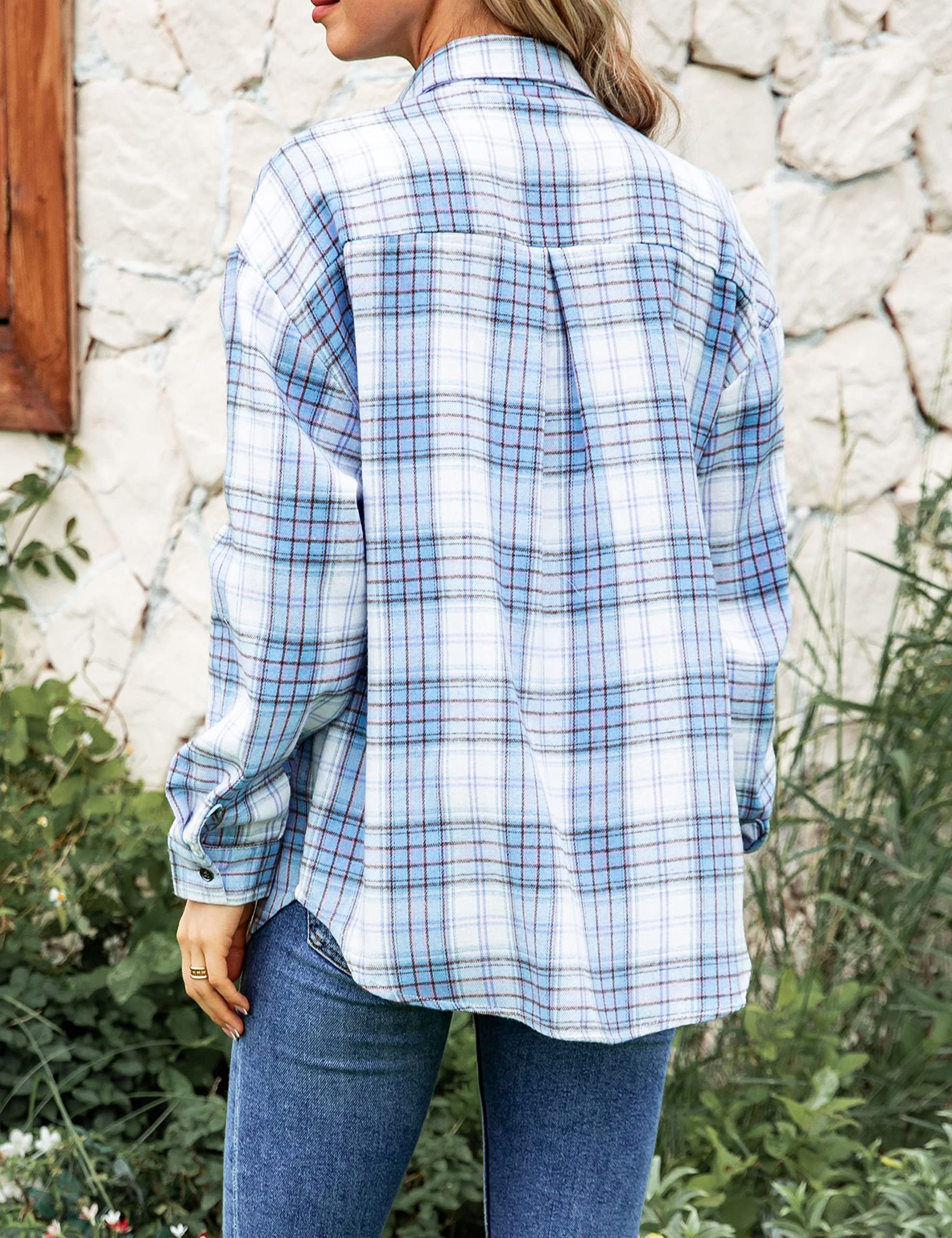 Megfie Oversized Womens Flannel Plaid Soft Flannel Button Down Shirt Roll Up Long Sleeve Flannel Plaid Shirt Blouses Women(0070-SkyBlue-L)