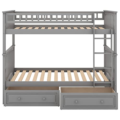 RUNWON Twin Over Twin Wood Bunk Bed with Storage Drawers and Full Length Safety Guard Rails for Kids Adults, Can Be Converted into 2 Beds