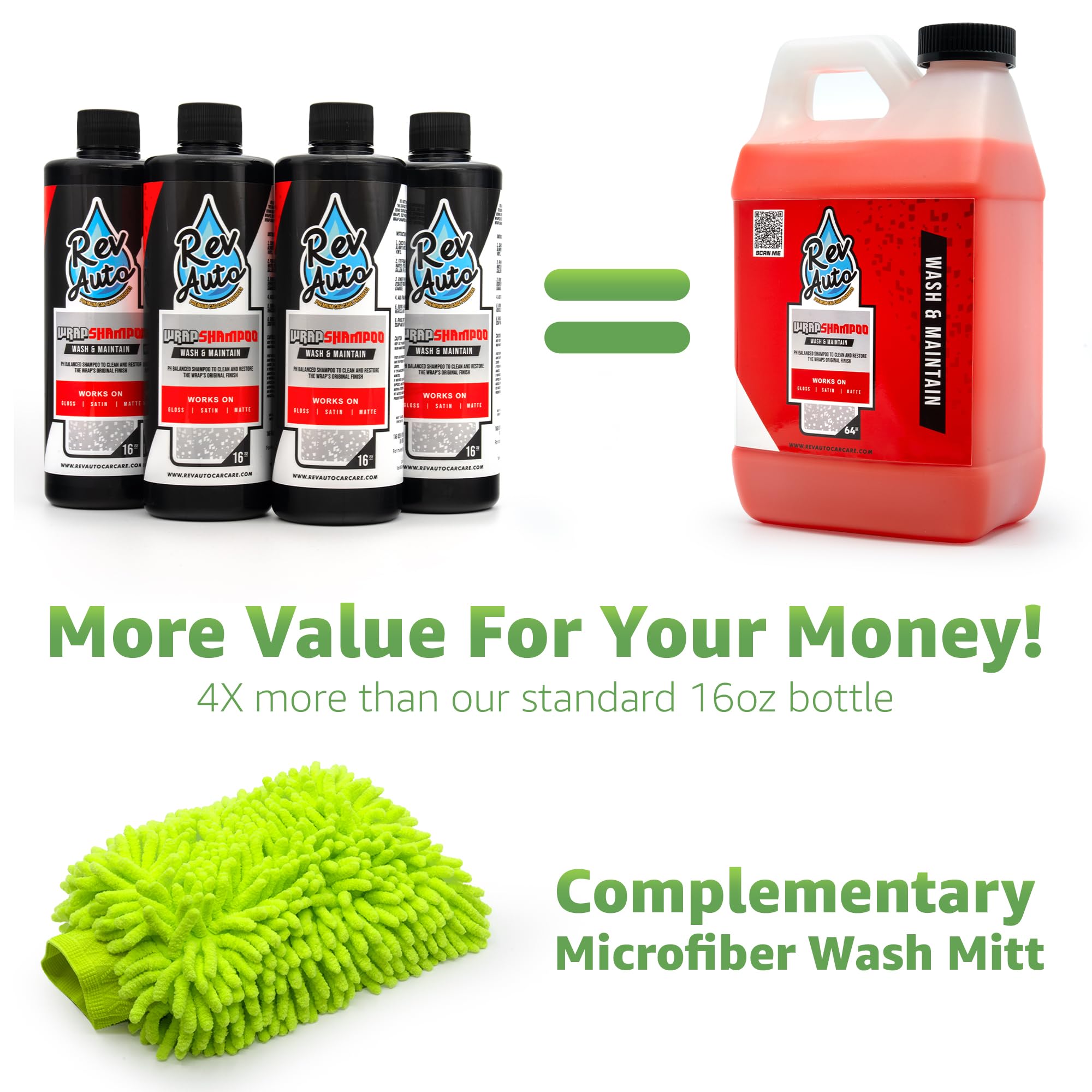 Rev Auto Vinyl Wrap Car Wash Soap Kit - Includes 64oz Car Wash Soap For Vinyl Wrap & Microfiber Wash Mitt | Works in Foam Cannon & Bucket Washes | pH-Balanced, Safe For All Finishes