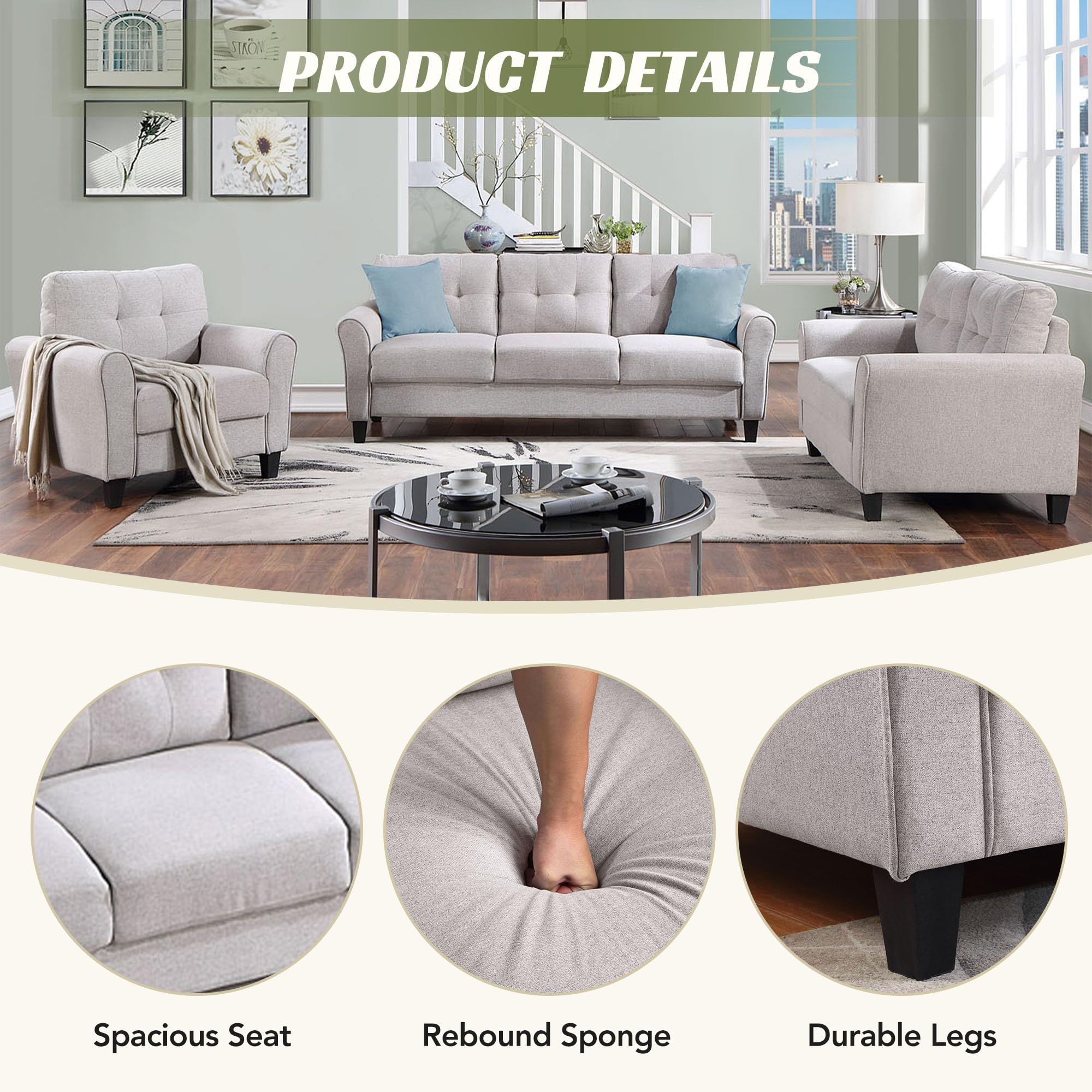 Harper & Bright Designs 3-Piece Living Room Sectional Sofa Set, Modern Style Button Tufted Linen Upholstered Armchair Loveseat Sofa and Three Seat Sofa Set Sectional Couch, Light Gray