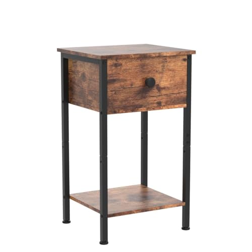 WLIVE Nightstands Set of 2, Bedside Tables with Adjustable Wooden Drawer, 2-Tier Night Stands for Couch, Bed, Sofa, End Table Side Table for Bedroom, Living Room, Rustic Brown