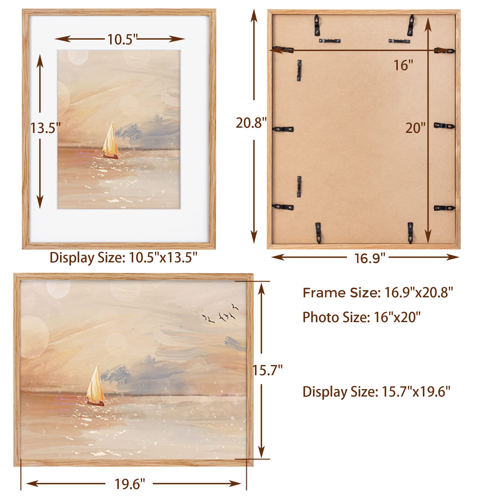 Fun Memories 16x20 Picture Frames Set of 3, Solid Oak Wood Picture Frame 16 by 20, 16x20 Frame with Mat for 11x14, 16 x 20 Frame with Tempered Glass, 16"x20" Poster Frame