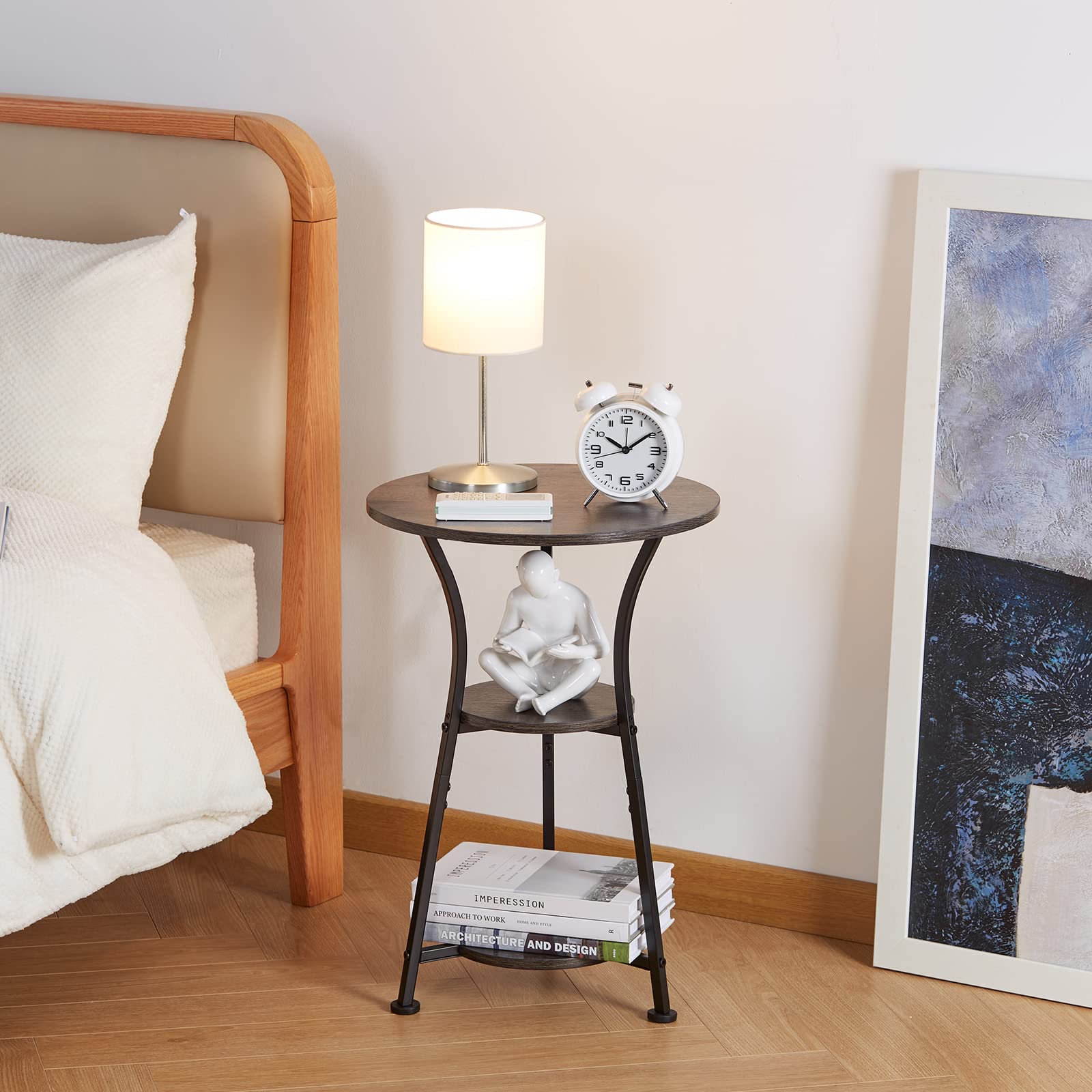 Dulcii Small Round End Table for Narrow and Small Space, 3-Tier Round Accent Couch Beside Table, Modern Side Table Corner Sofa Table Nightstand for Living Room Bedroom,Grey