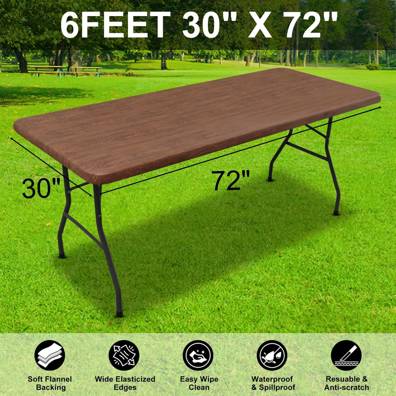 Smiry Rectangle Picnic Tablecloth, Waterproof Elastic Fitted Table Covers for 6 Foot Tables, Wipeable Flannel Backed Vinyl Tablecloths for Camping, Indoor, Outdoor (Brown, 30x72 Inches)