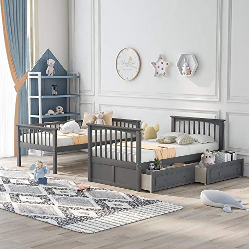 RUNWON Twin Over Twin Wood Bunk Bed with Storage Drawers and Full Length Safety Guard Rails for Kids Adults, Can Be Converted into 2 Beds