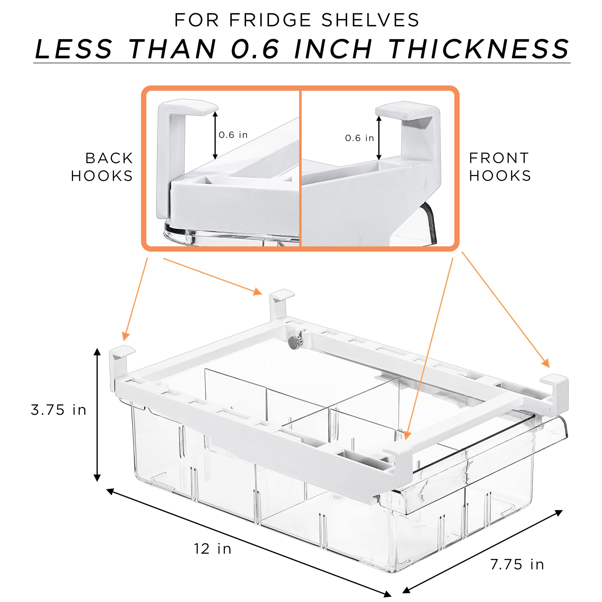 Sorbus Pull Out Fridge Drawer Organizer, for 0.6 Inch Thick Shelf, Adjustable Plastic Bathroom Organizer, 12-17 Inches, Refrigerator Storage Bin, Kitchen & Bathroom Storage (1 Pack)