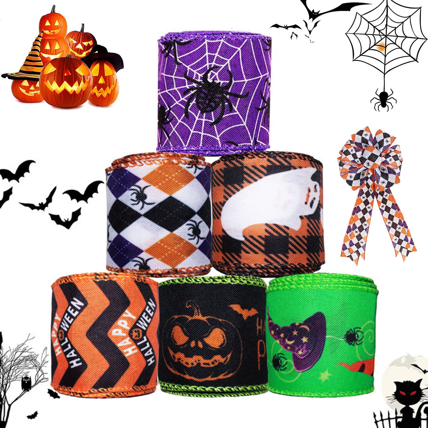 wency Ribbon Wired 2.5 Inch, 6 Rolls 30 Yards wency Ribbon,Pumpkin/Ghost/Spider Web/Stripe/Hat/Plaid wency Ribbon for Wreaths Bows Gift Wrapping Party Decor DIY Fall Rustic Crafts