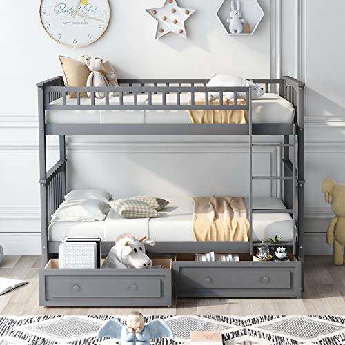 RUNWON Twin Over Twin Wood Bunk Bed with Storage Drawers and Full Length Safety Guard Rails for Kids Adults, Can Be Converted into 2 Beds