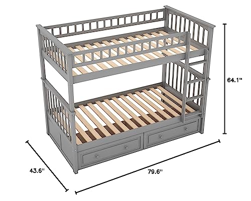 RUNWON Twin Over Twin Wood Bunk Bed with Storage Drawers and Full Length Safety Guard Rails for Kids Adults, Can Be Converted into 2 Beds