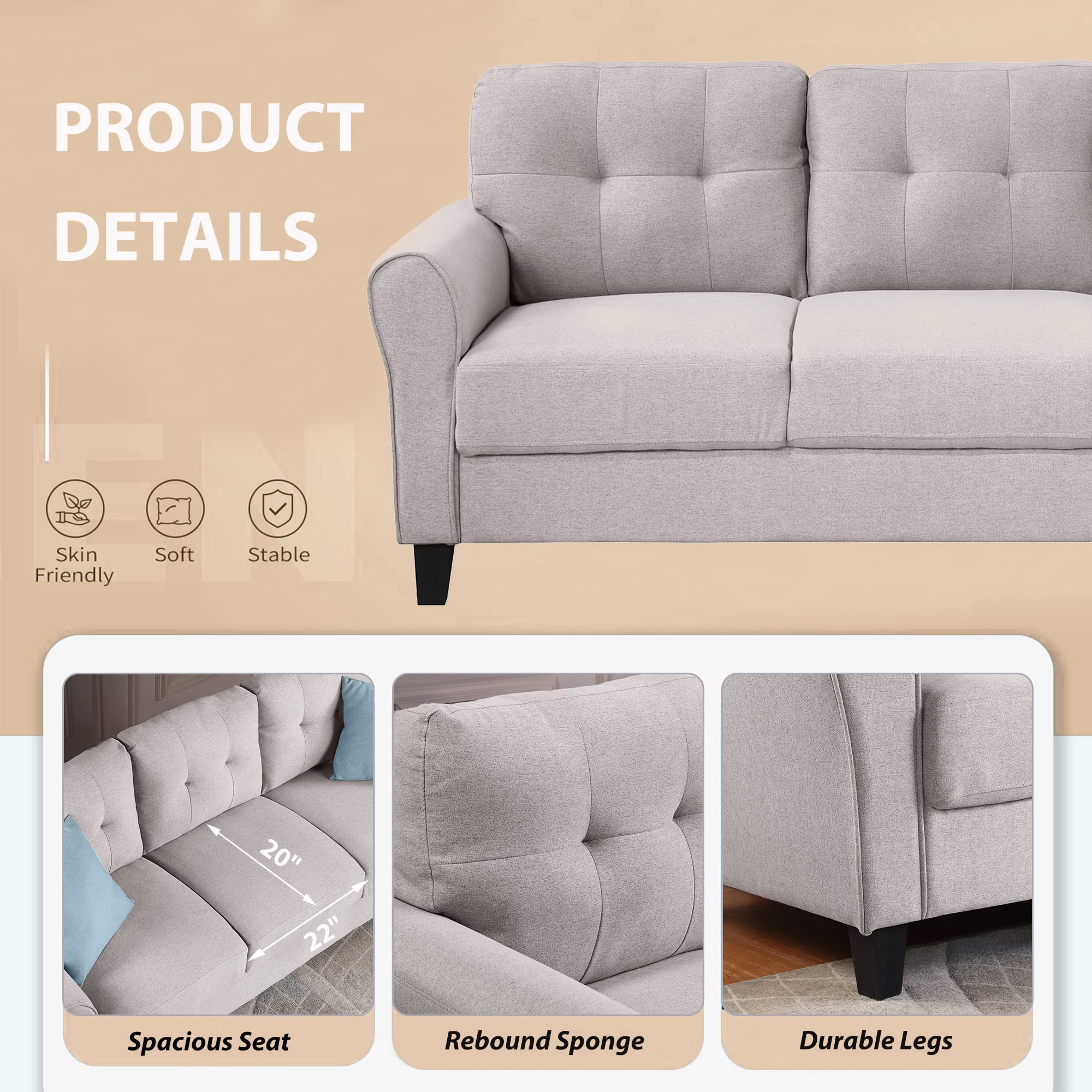 Harper & Bright Designs 3-Piece Living Room Sectional Sofa Set, Modern Style Button Tufted Linen Upholstered Armchair Loveseat Sofa and Three Seat Sofa Set Sectional Couch, Light Gray
