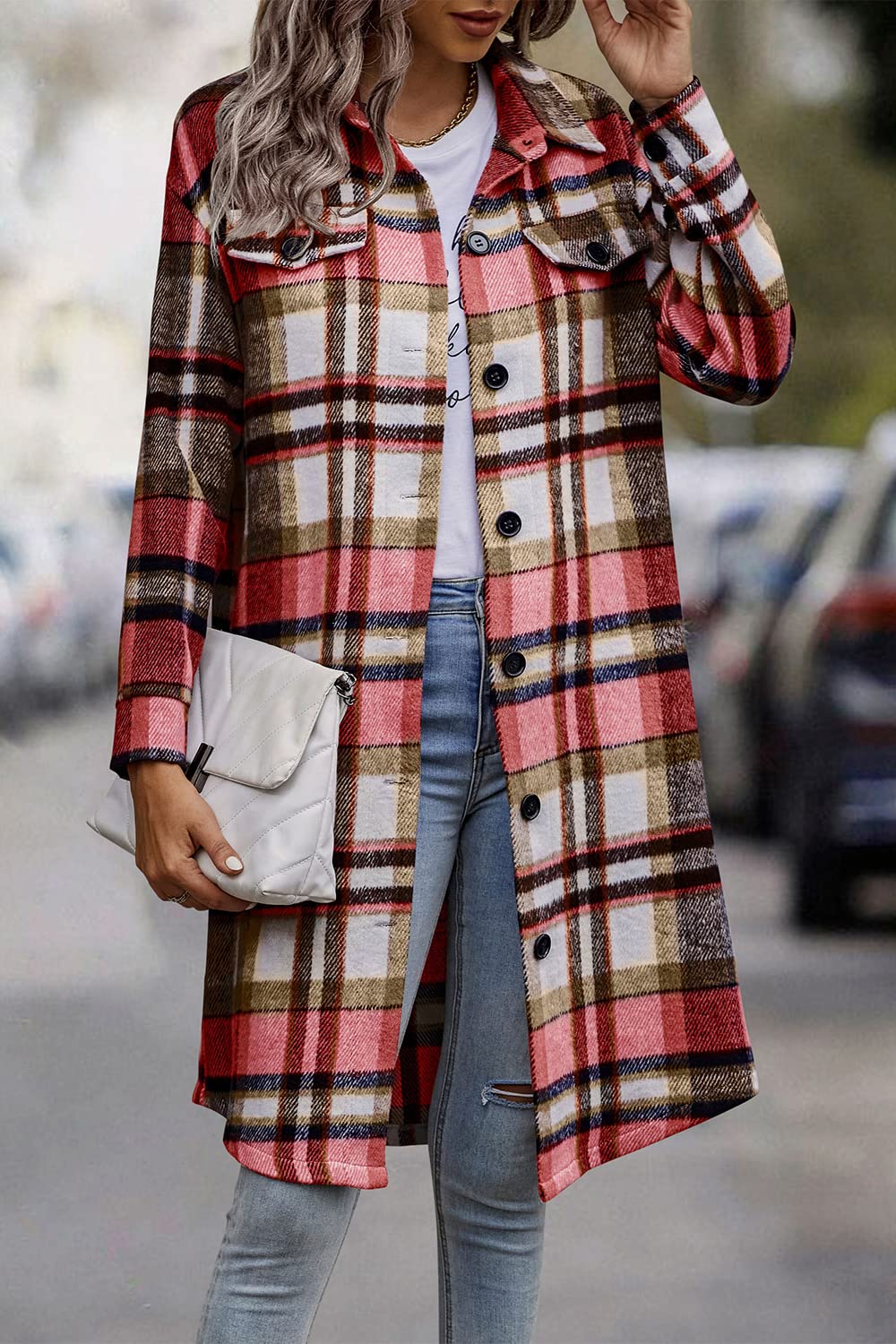 PRETTYGARDEN Women's Plaid Shacket 2025 Long Sleeve Button Up Flannel Shirt Winter Tartan Jacket Woolen Coats (Red,X-Large)