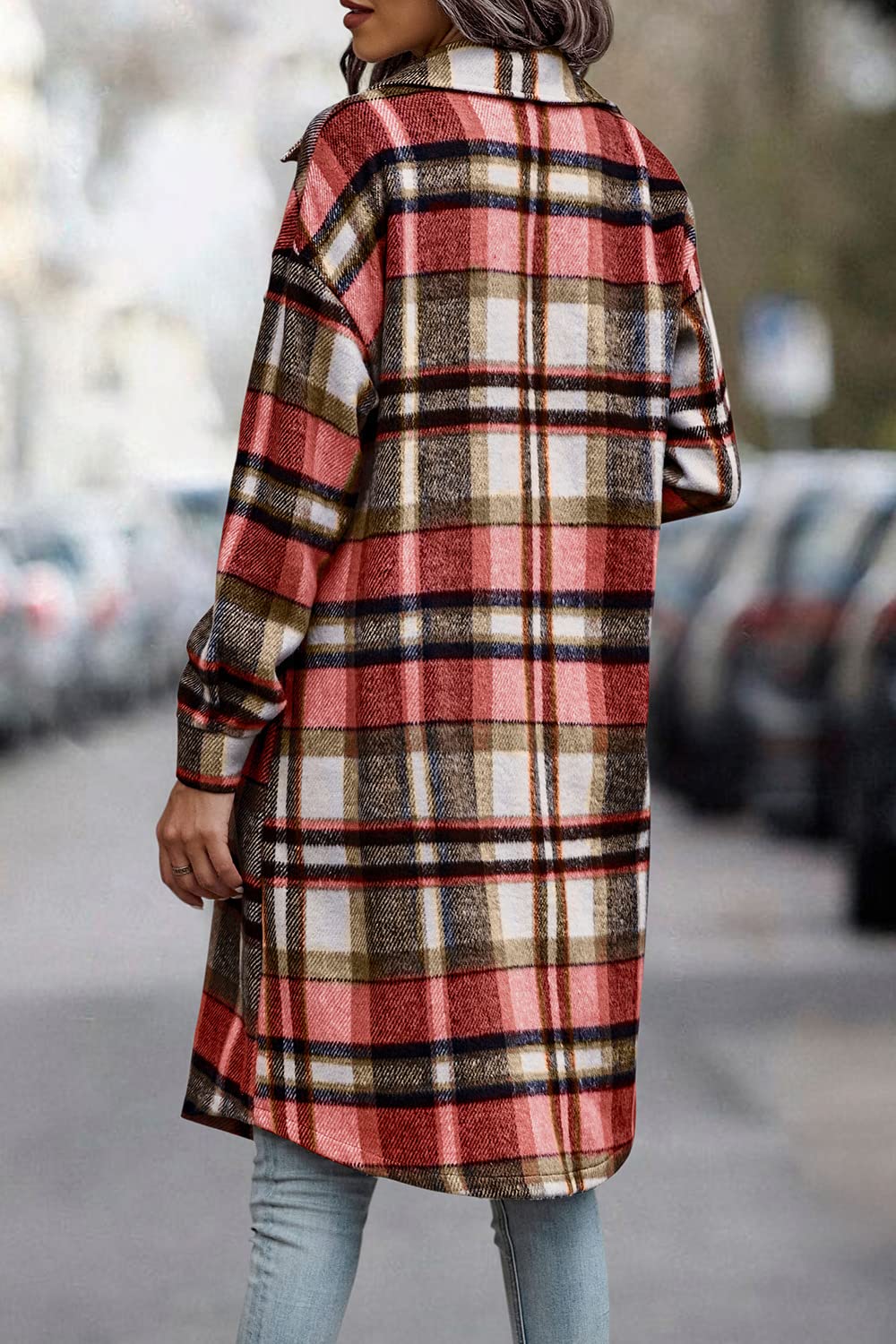 PRETTYGARDEN Women's Plaid Shacket 2025 Long Sleeve Button Up Flannel Shirt Winter Tartan Jacket Woolen Coats (Red,X-Large)