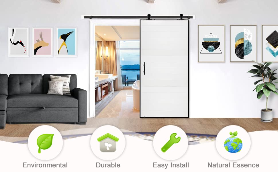 S&Z TOPHAND® 36 in. x 84 in. White PVC Barn Door with 6.6FT Sliding Door Hardware Kit, 20-42in Stainless Steel Frame Modern Style Barn Door/Sliding Door/Simple Assembly is Required