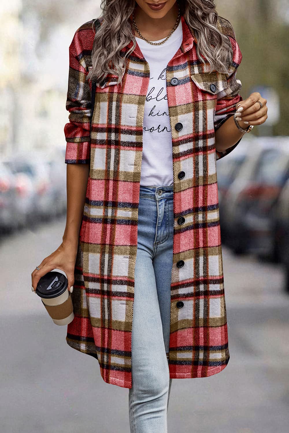 PRETTYGARDEN Women's Plaid Shacket 2025 Long Sleeve Button Up Flannel Shirt Winter Tartan Jacket Woolen Coats (Red,X-Large)