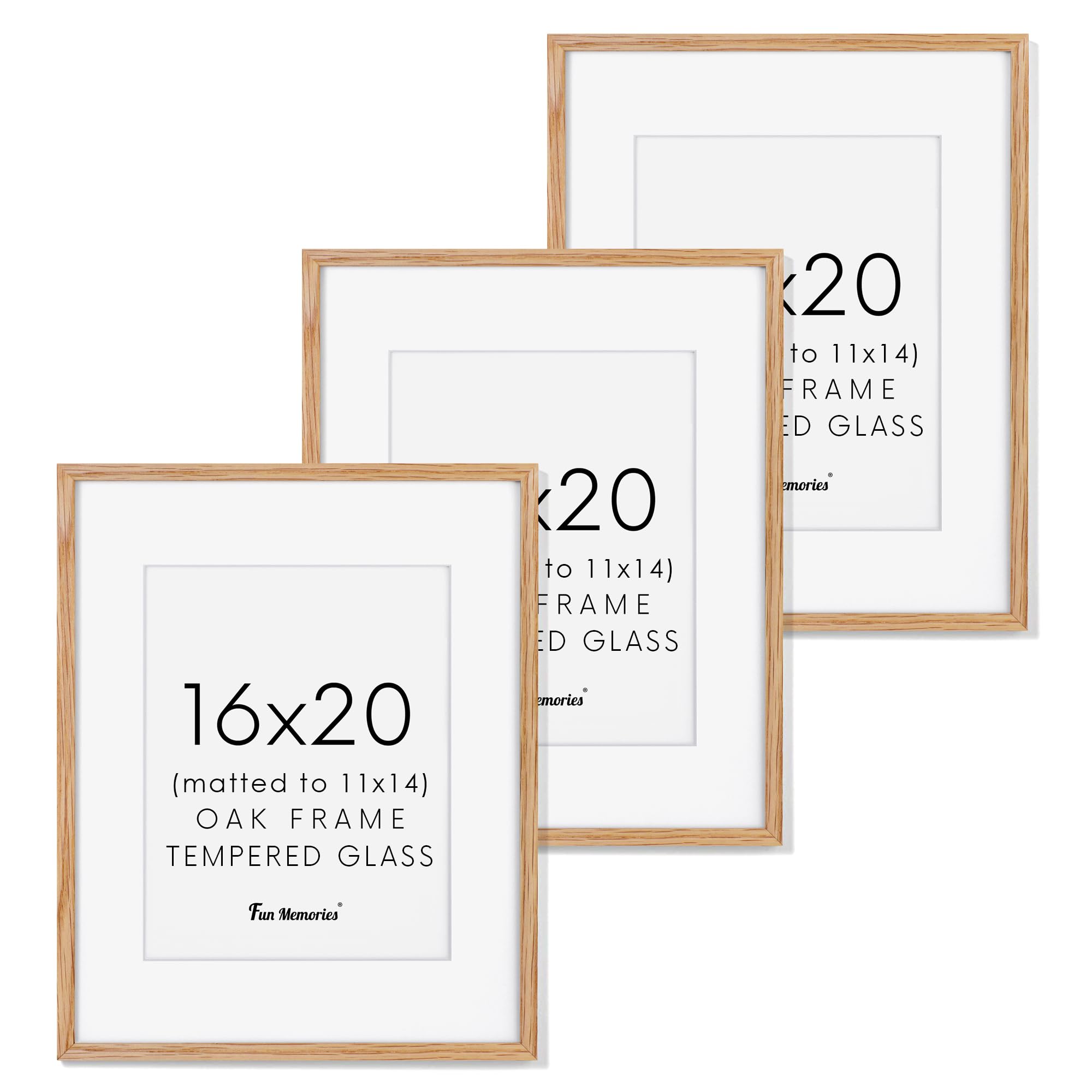 Fun Memories 16x20 Picture Frames Set of 3, Solid Oak Wood Picture Frame 16 by 20, 16x20 Frame with Mat for 11x14, 16 x 20 Frame with Tempered Glass, 16"x20" Poster Frame