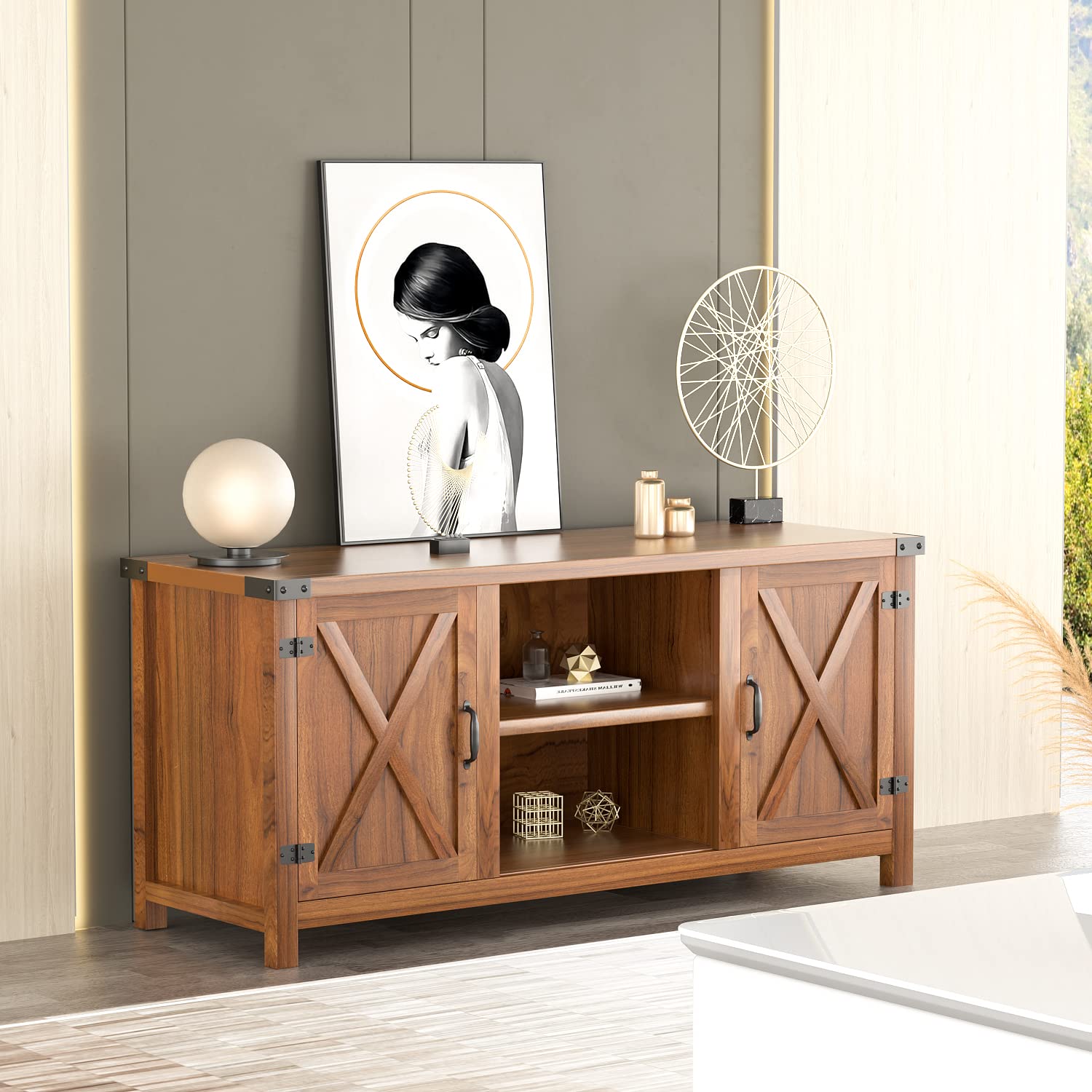 Farmhouse TV Stand for 65 Inch TV, Mid Century Modern Television Stand Entertainment Center for Living Room Bedroom, TV Console Table with Double Barn Doors and Storage Cabinets (Walnut)