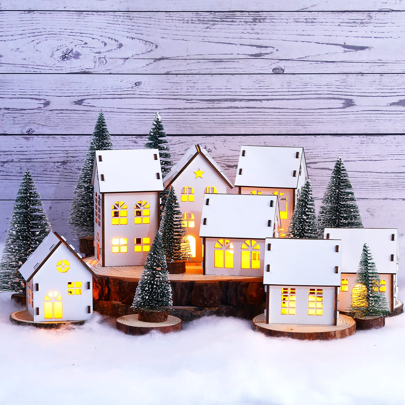 Sawysine Winter Village Kit DIY White Wood Village Houses Mini Tree Farmhouse Winter Christmas Sets Scene Desktop Ornament for Xmas Holiday Party(16 Pcs)